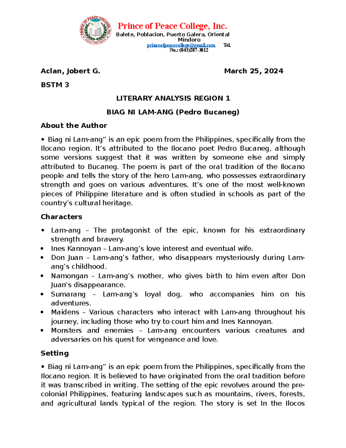 Biag nilam-ang - Summary general education - Prince of Peace College ...