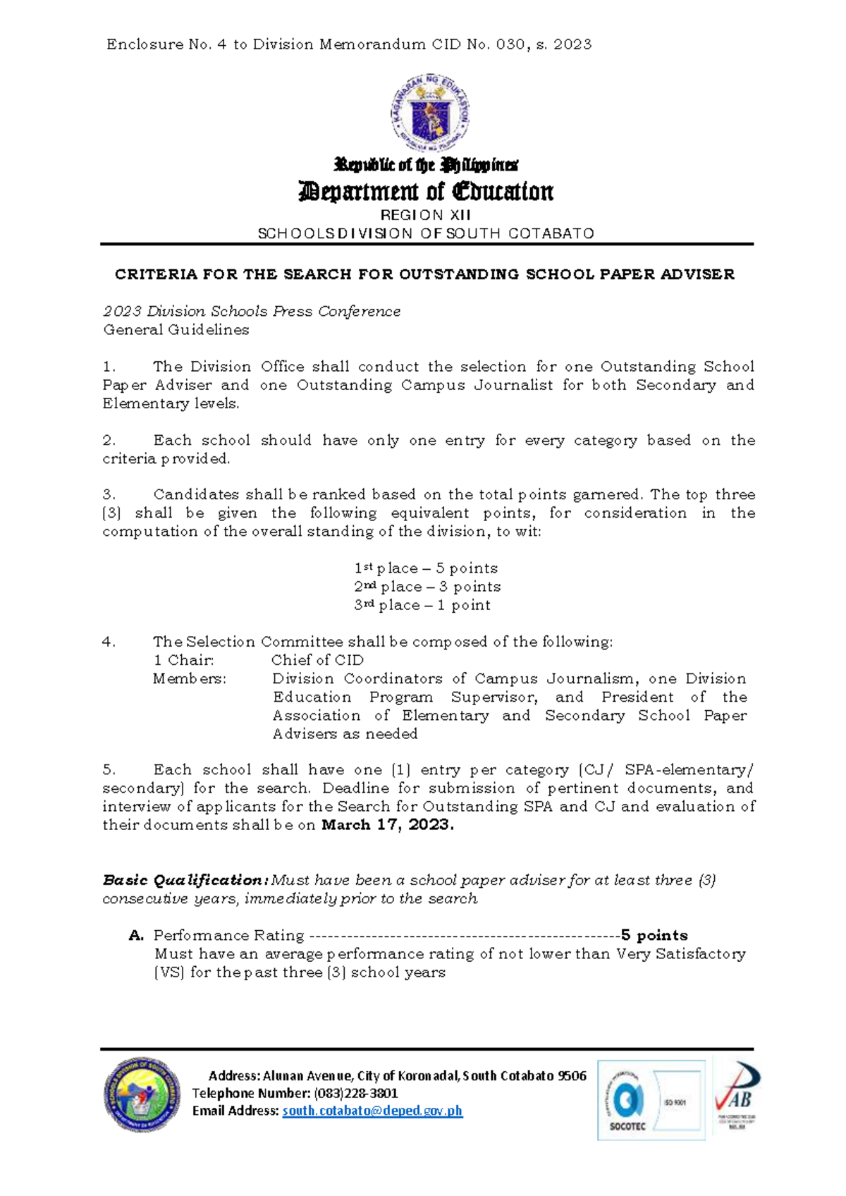 Enclosure NO. 4 TO DM CID NO - Republic of the Philippines Department ...
