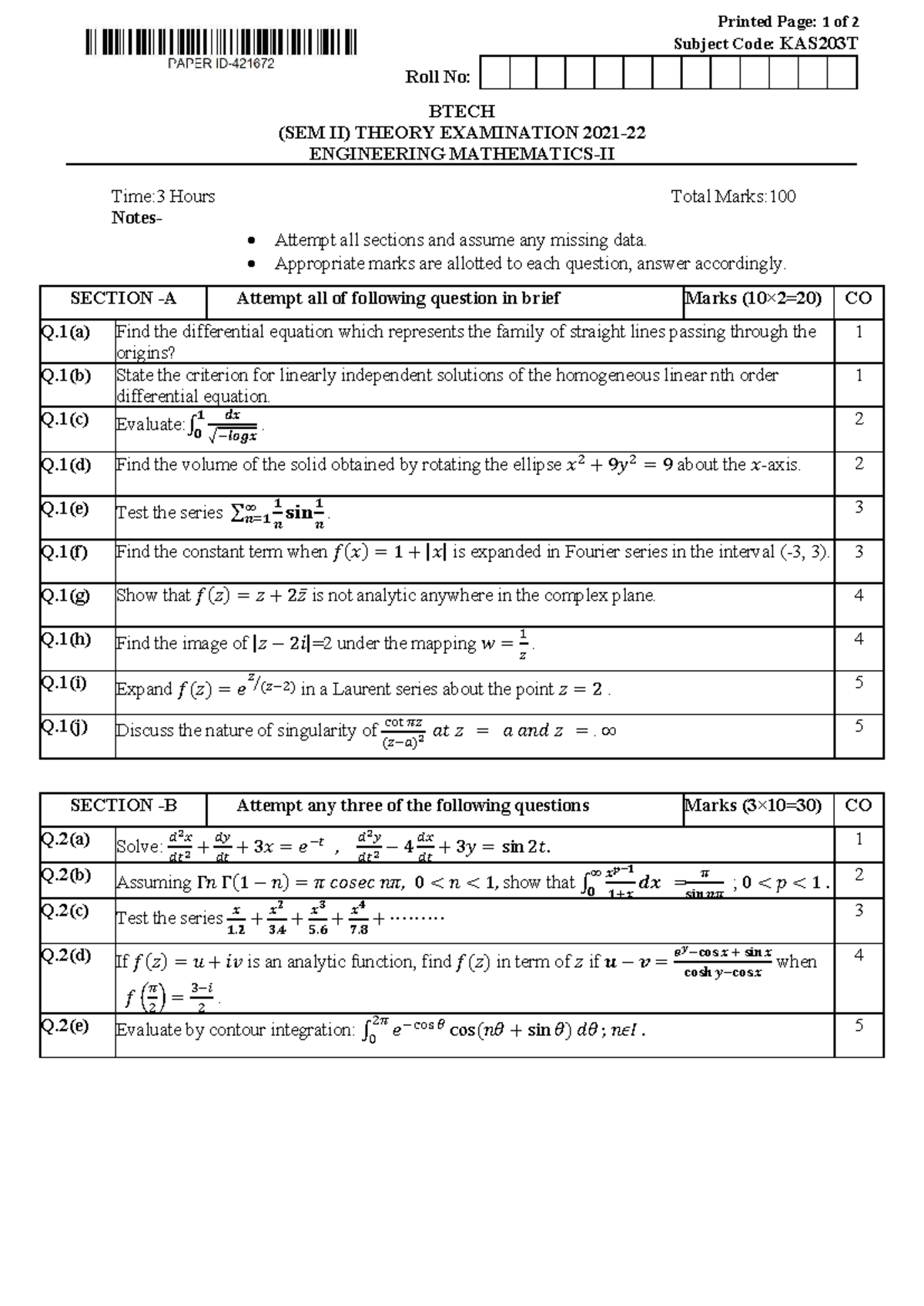 Btech 2 sem engineering mathematics 2 kas203t 2022 - Printed Page: 1 of 2 Subject Code: KAS203T ...