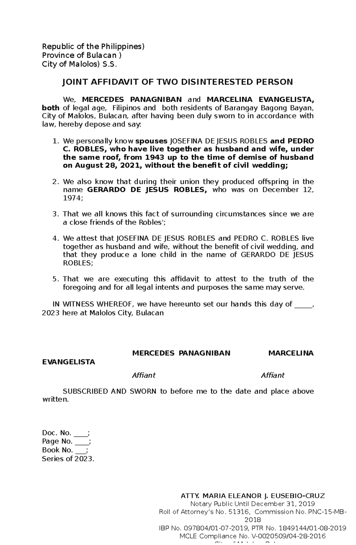 Joint Affidavit OF TWO Disinterested pagta - Republic of the ...