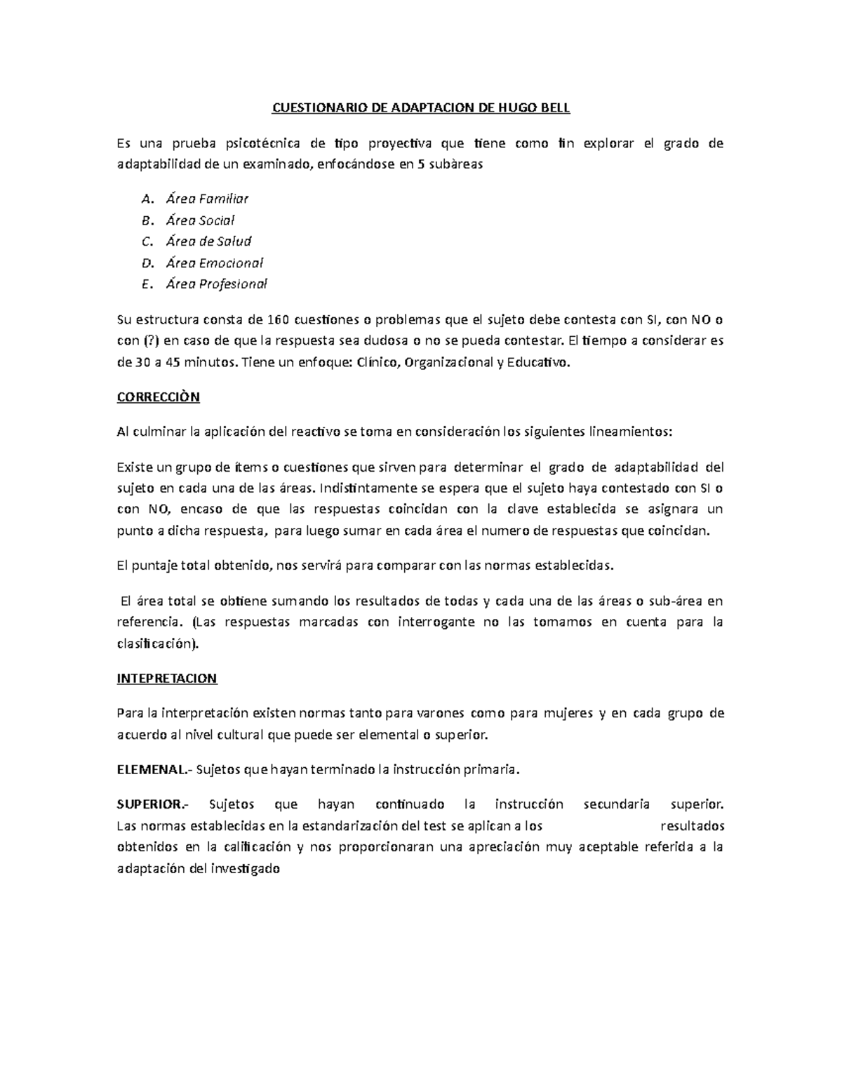 Pdf ficha tecnica y cuestionario de adaptacion de hugo bell para adultos - CUESTIONARIO DE - Studocu