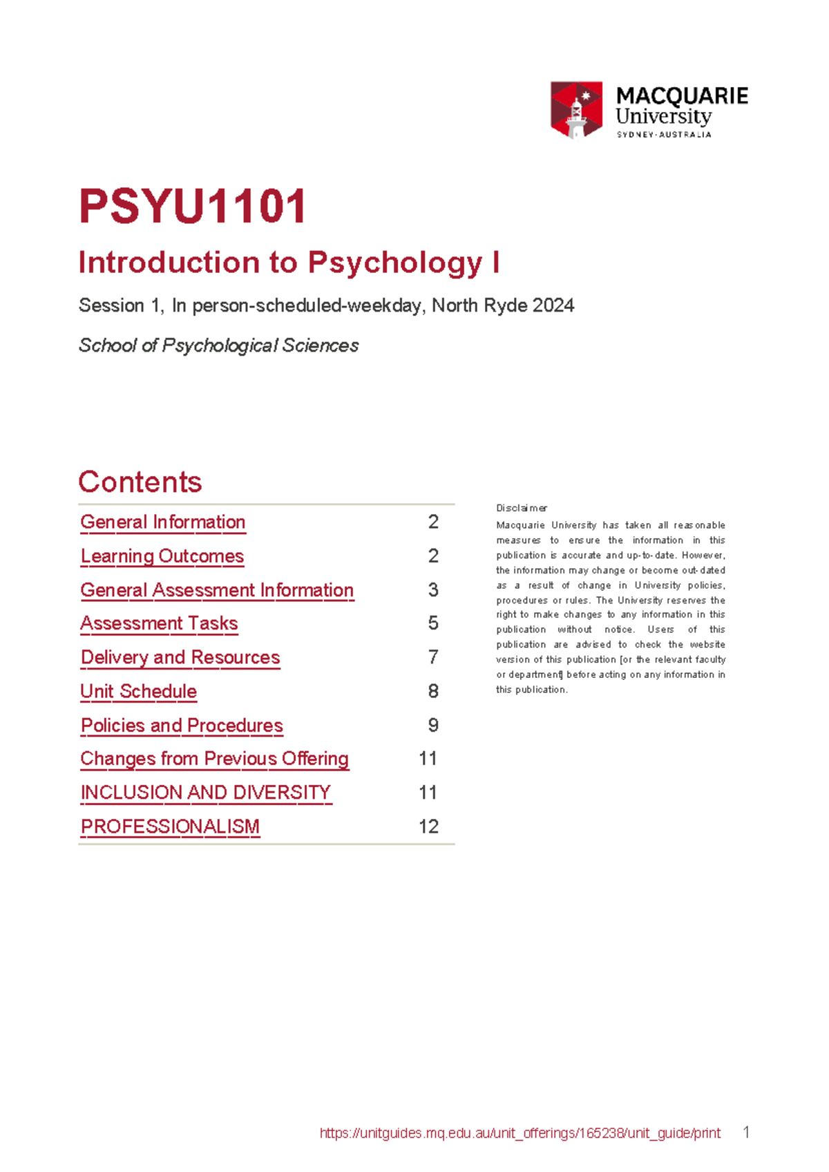 Unit Guide PSYU1101 2024 Session 1, In person-scheduled-weekday, North Ryde - PSYU Introduction ...