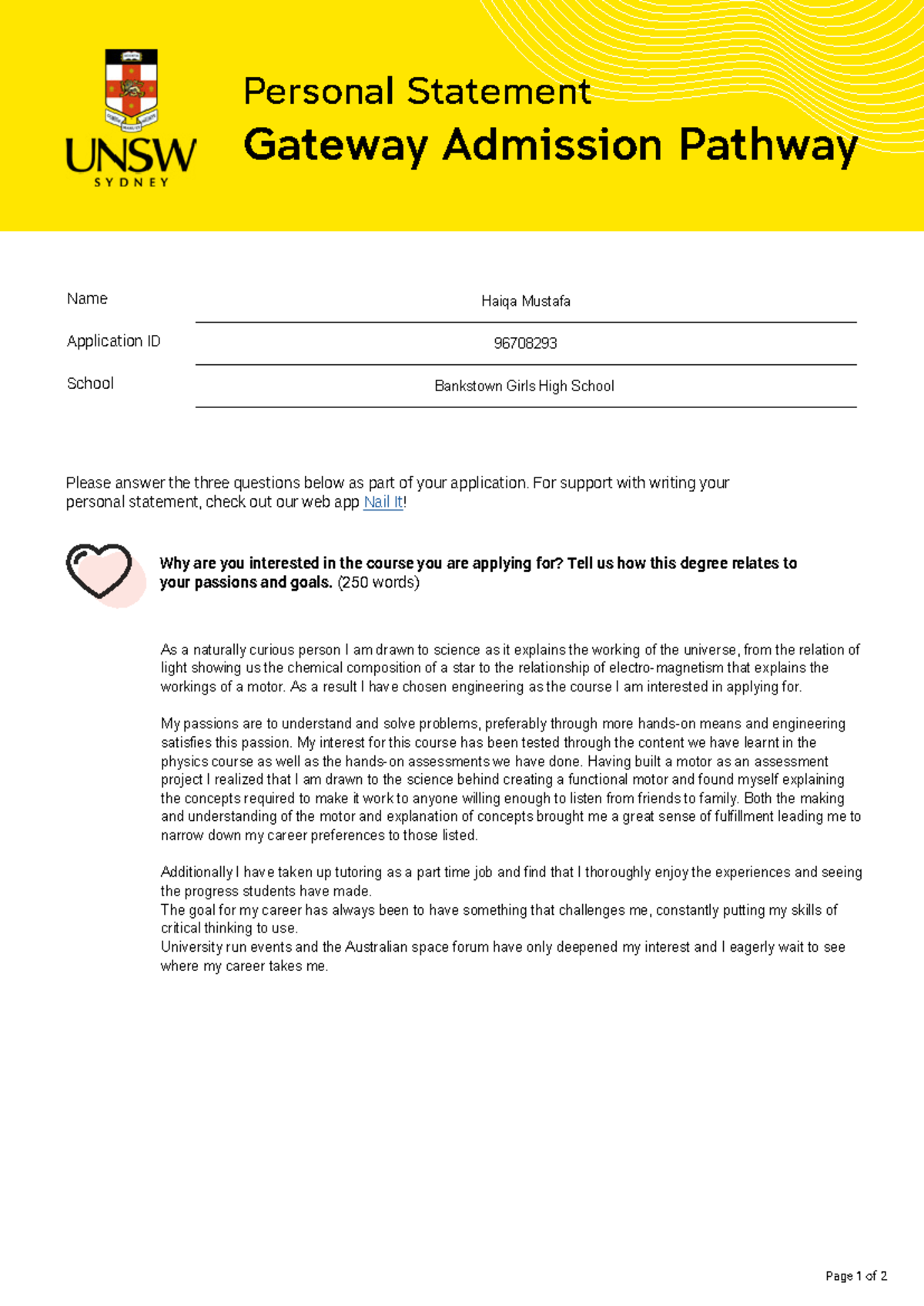 UNSW-Gateway-PS - good luck - Personal Statement Gateway Admission Pathway Why are you ...