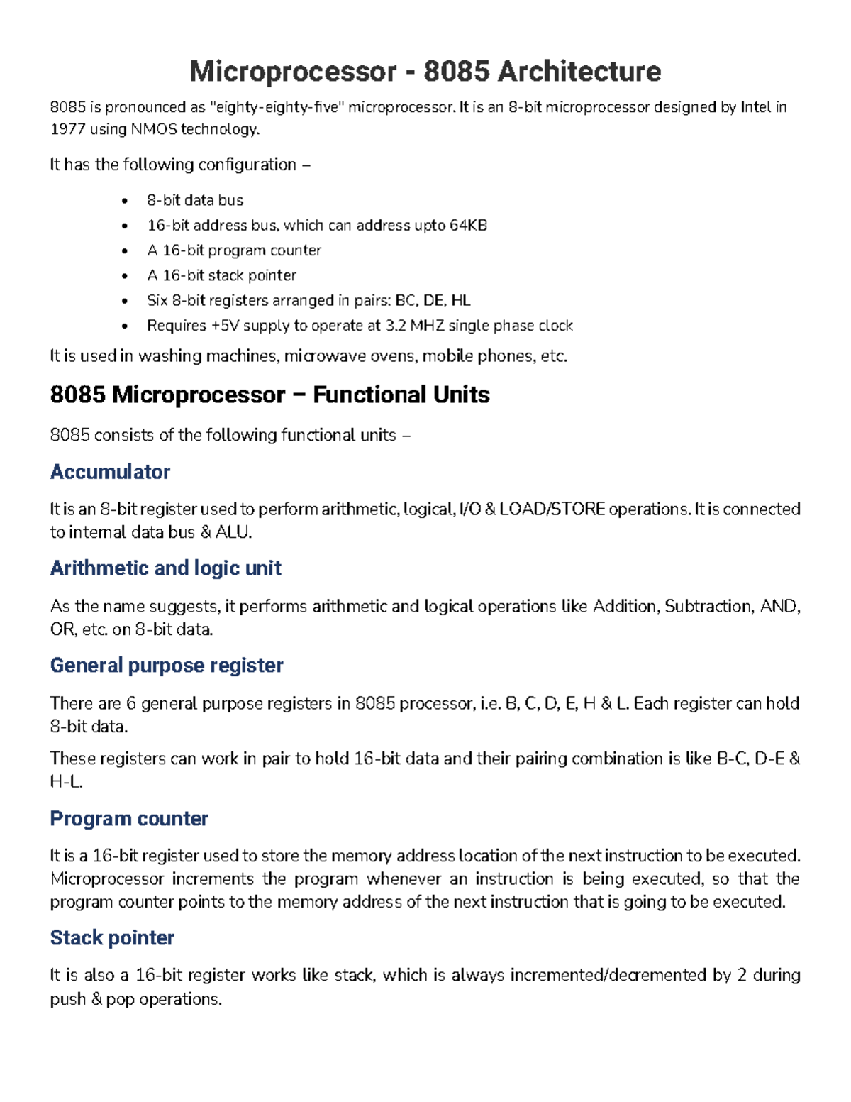8085 Microprocessor - Microprocessor - 8085 Architecture 8085 is pronounced as - Studocu