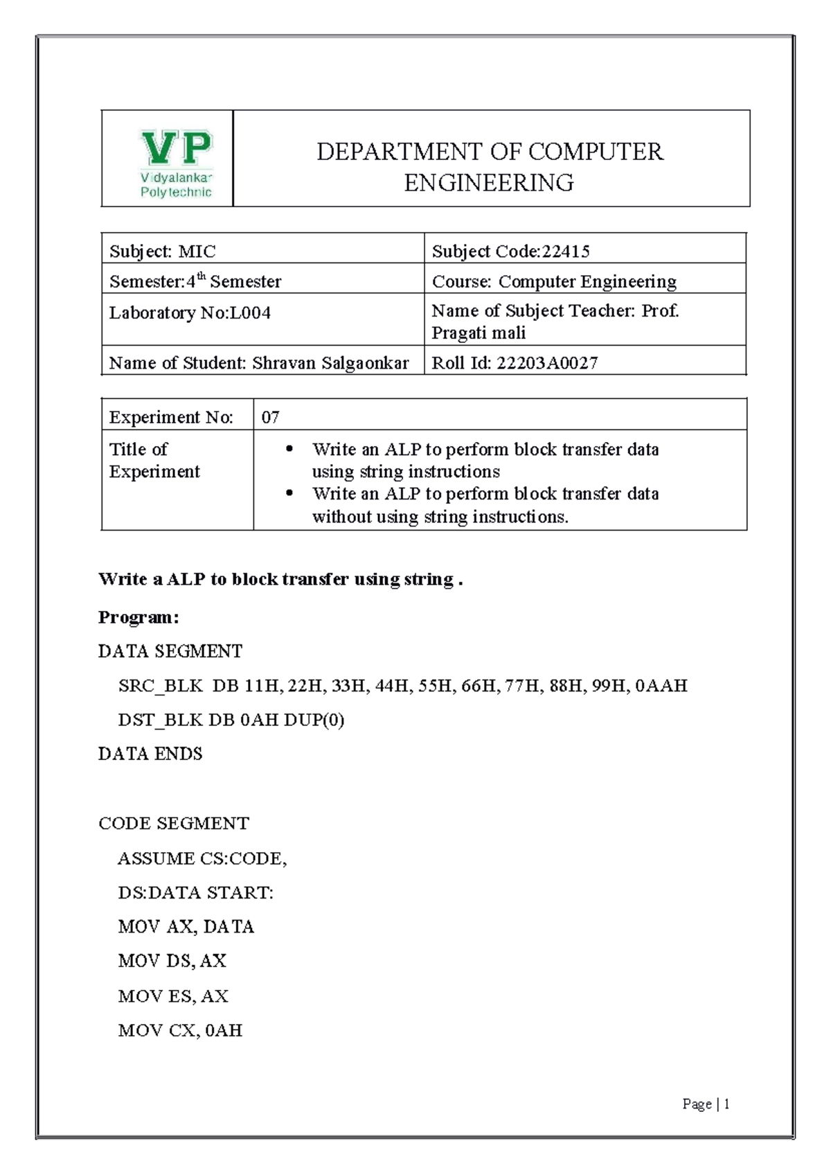 MIC Practical no8 - DEPARTMENT OF COMPUTER ENGINEERING Subject: MIC ...