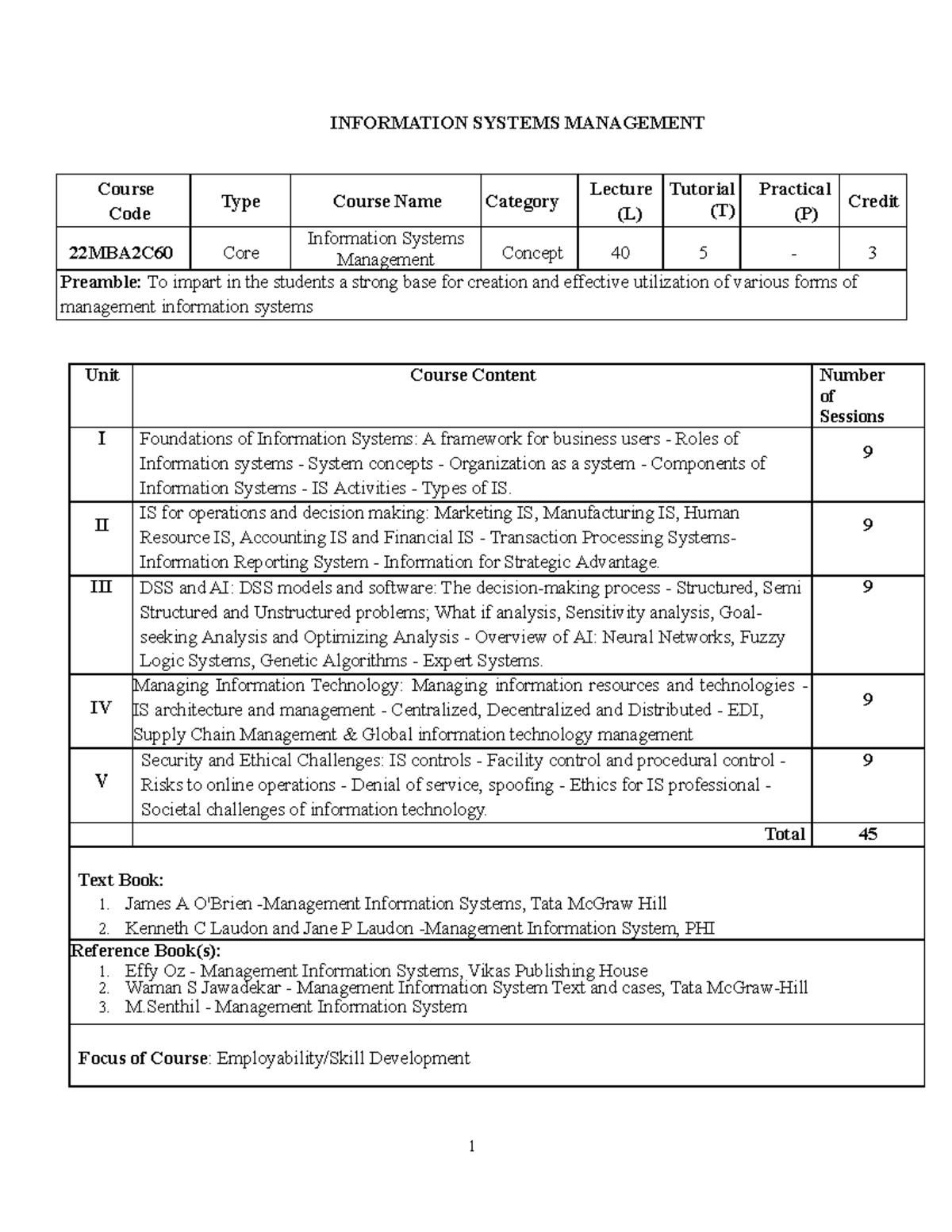 ISM - Syllabus - 1 INFORMATION SYSTEMS MANAGEMENT Course Code Type ...