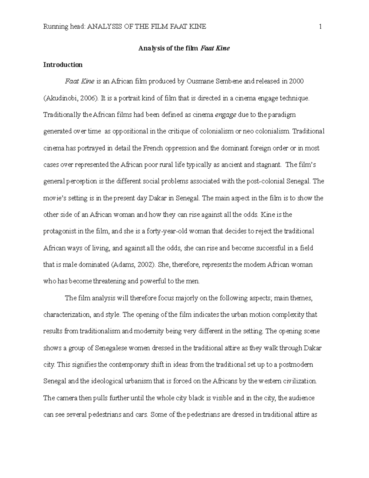 Analysis of the film Faat Kine - Running head: ANALYSIS OF THE FILM ...