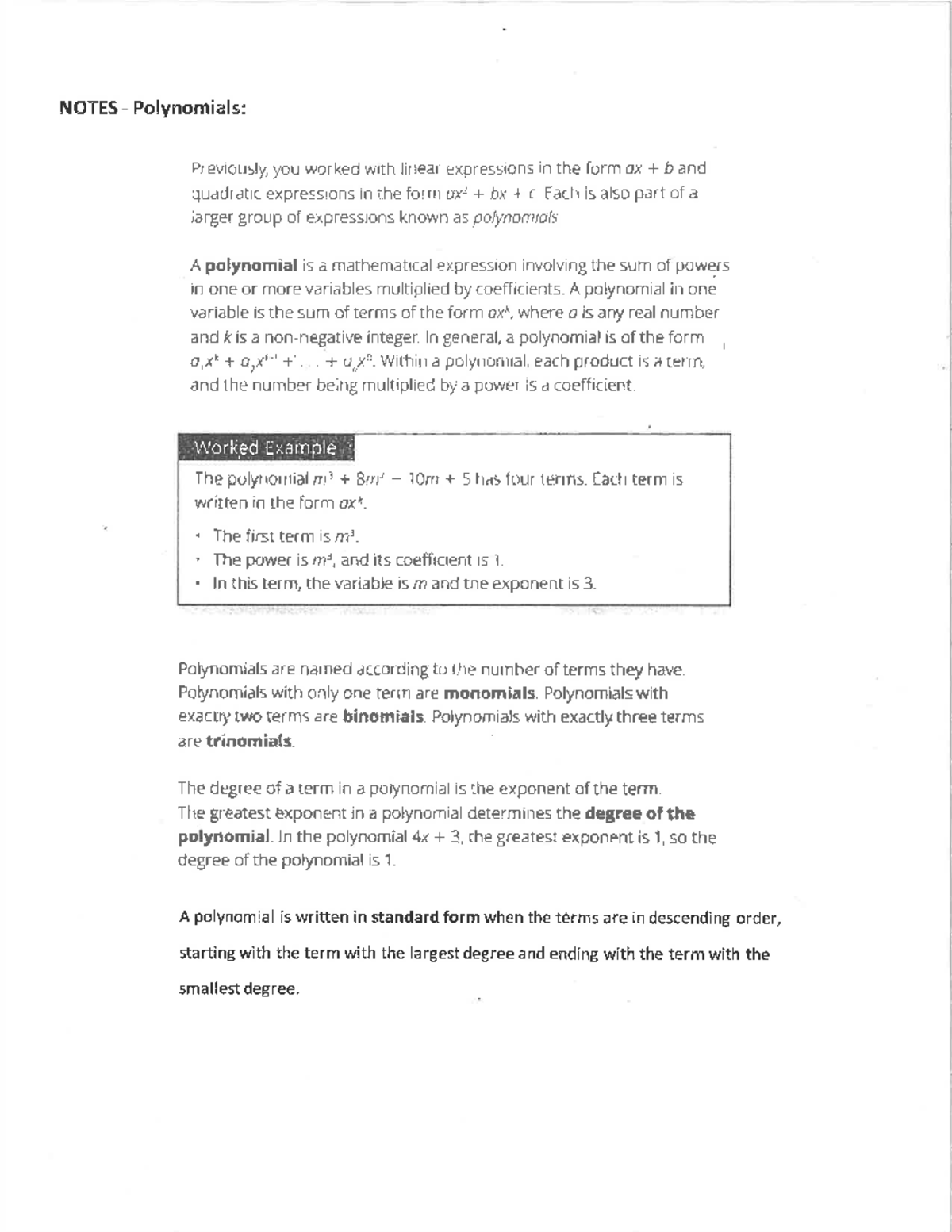 IM2 - Polynomial Notes binomials and trinomials - Massage - Studeersnel