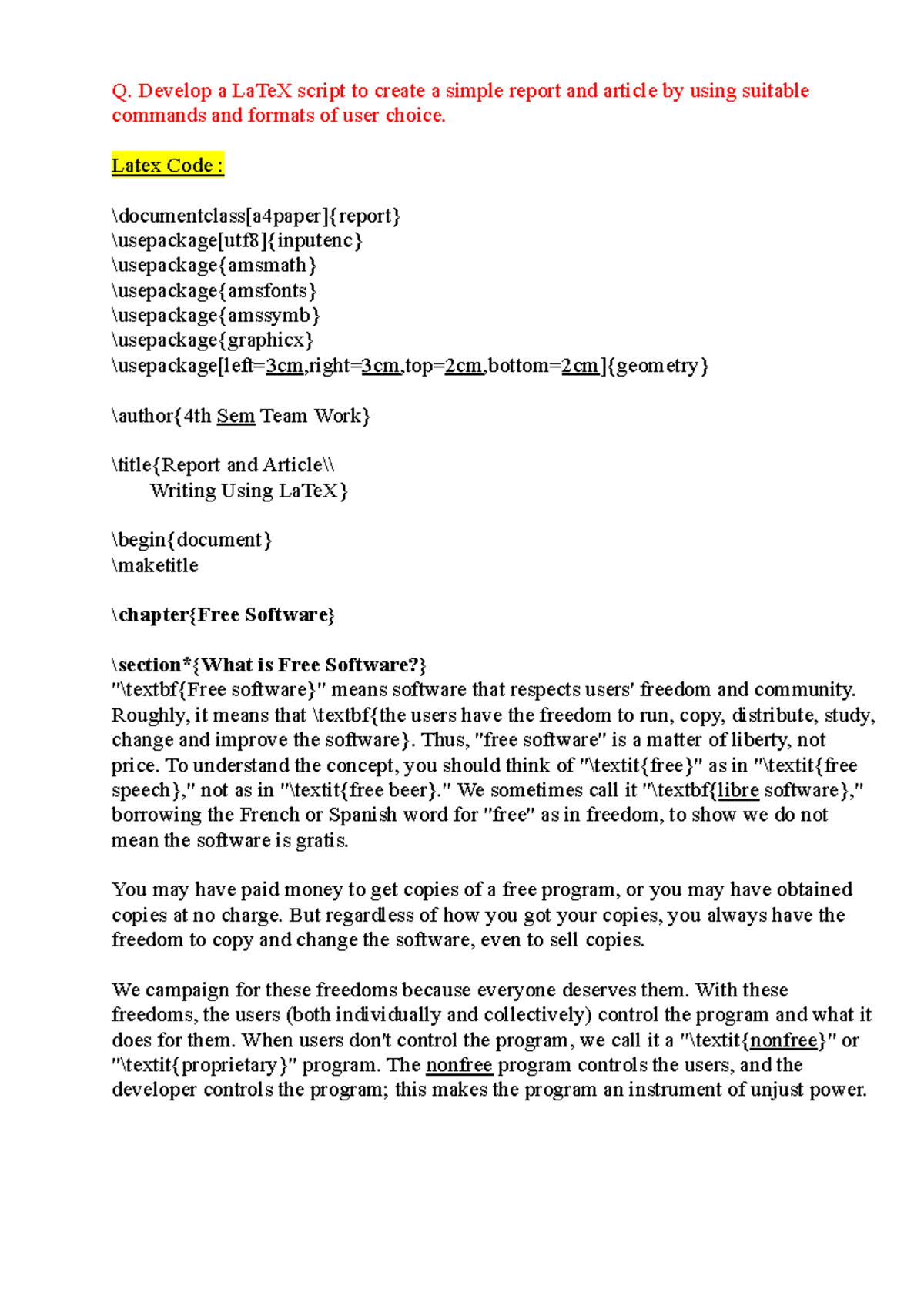Latex Expt No 12 - Report, list, paragraph - Q. Develop a LaTeX script ...