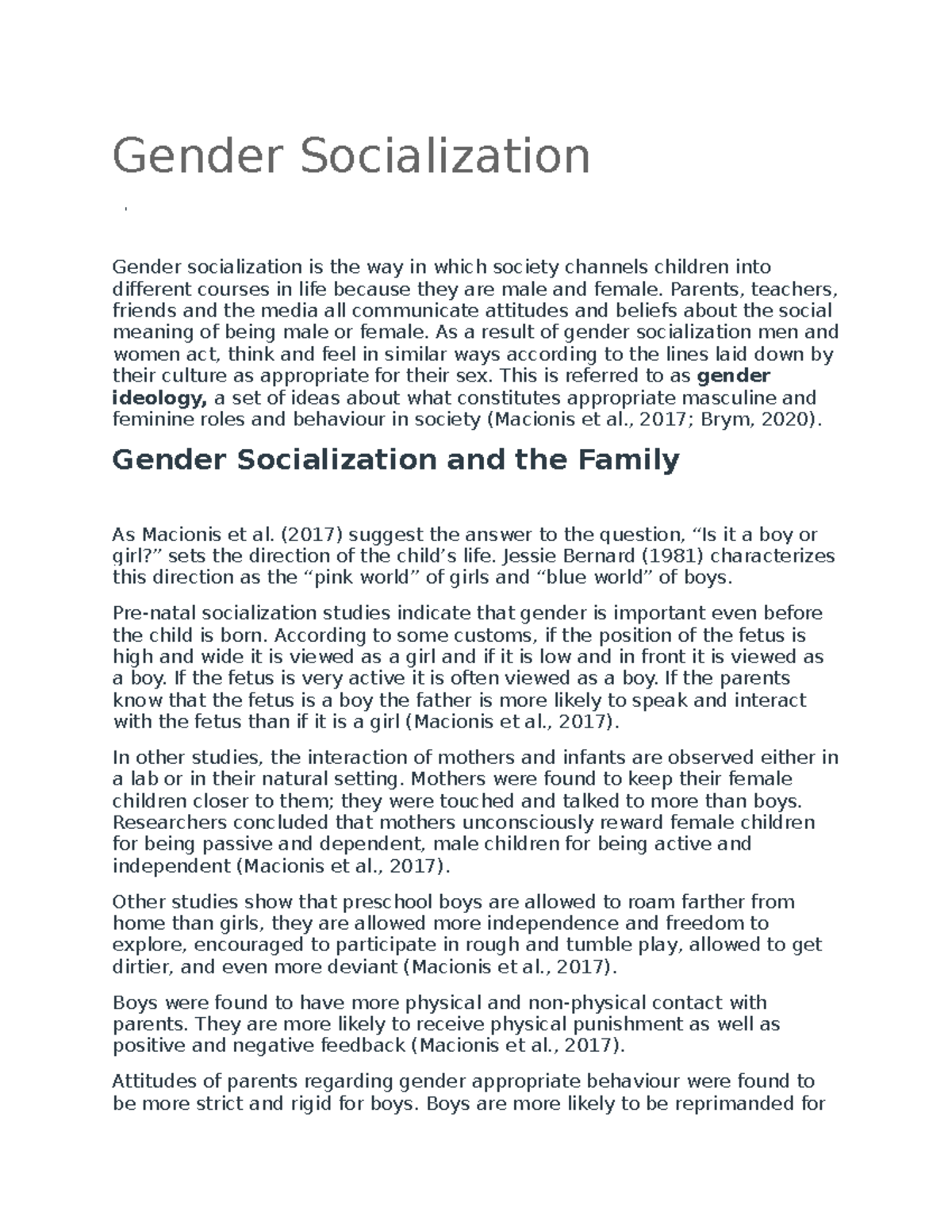 Gender Socialization - chapter 8 notes - Gender Socialization Gender ...