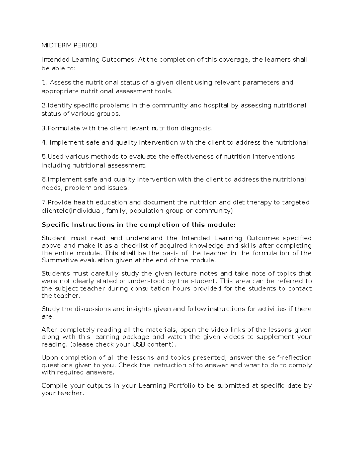 NDT- Midterm - NONE - MIDTERM PERIOD Intended Learning Outcomes: At the completion of this ...