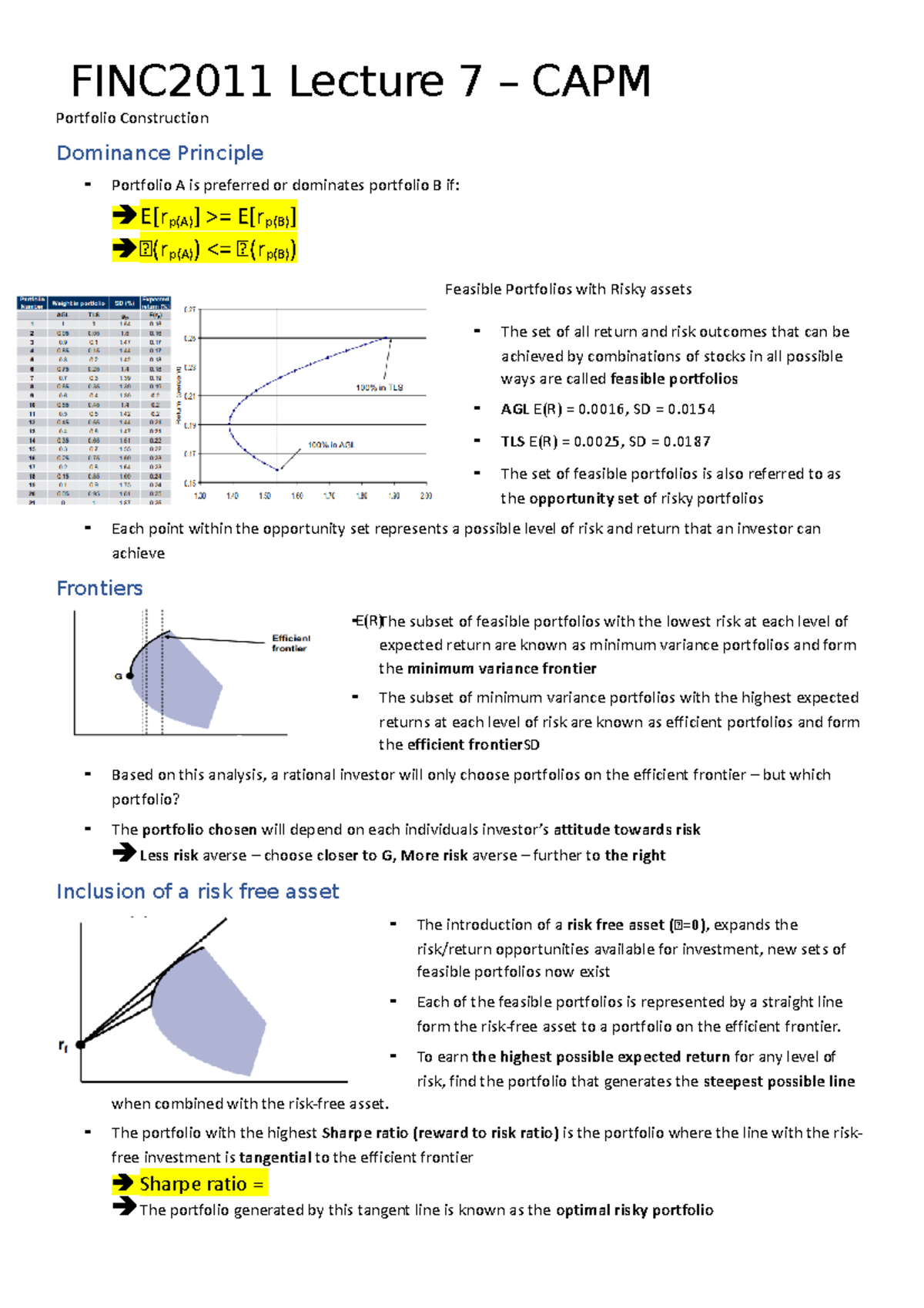 FINC2011 Lecture 7 - CAPM - FINC2011 Lecture 7 – CAPM Portfolio ...