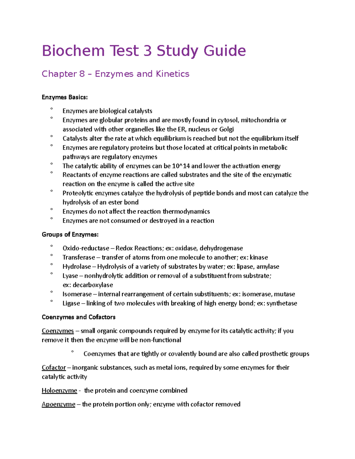 Biochem Test 3 Study Guide - Biochem Test 3 Study Guide Chapter 8 ...
