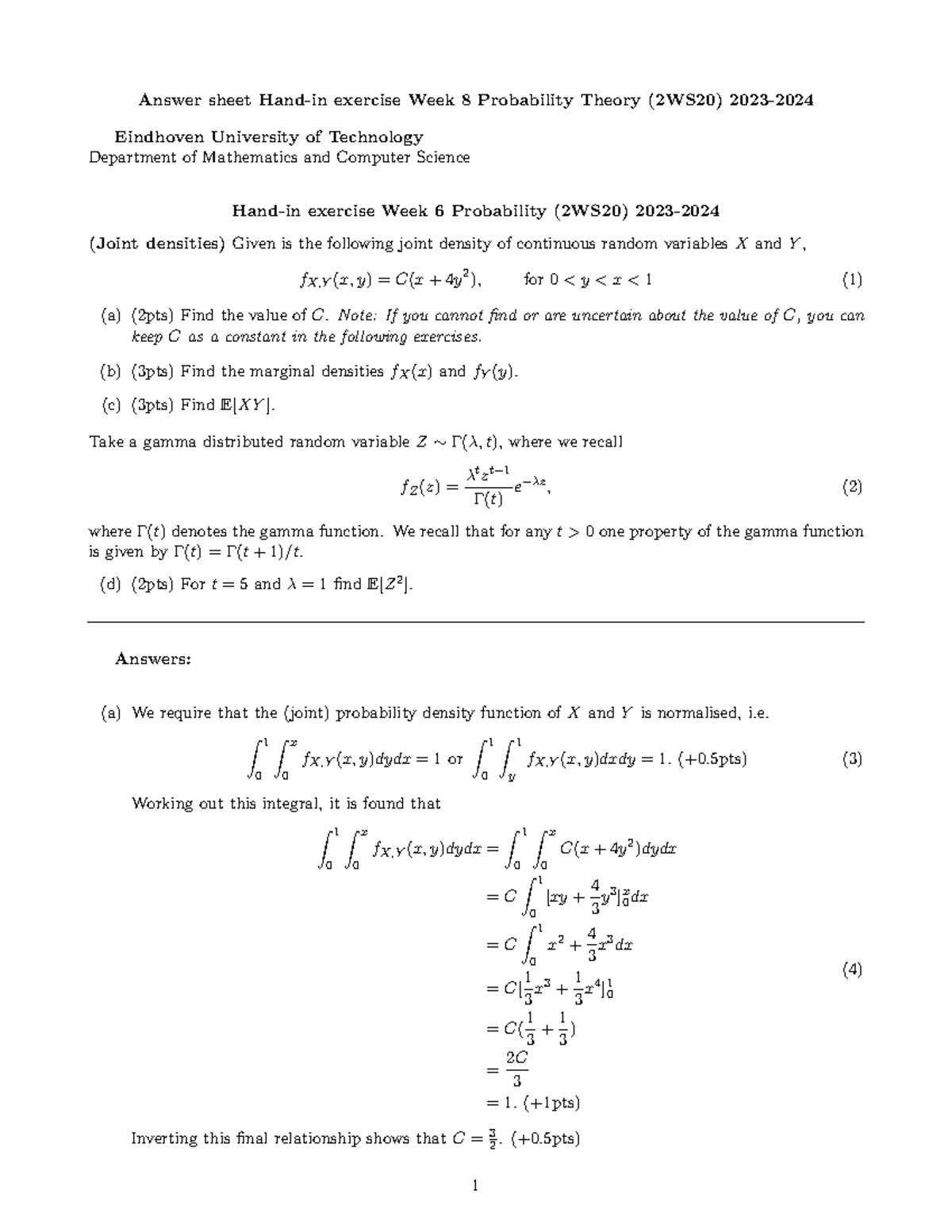 Answer sheet probability theory w6 - Answer sheet Hand-in exercise Week ...