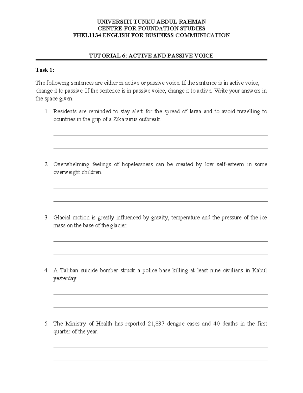 Tutorial 6 Active Passive - Student - UNIVERSITI TUNKU ABDUL RAHMAN ...