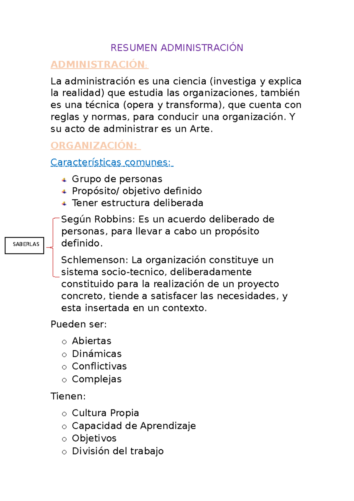 Resumen Administración - RESUMEN ADMINISTRACIÓN ADMINISTRACIÓN: La ...