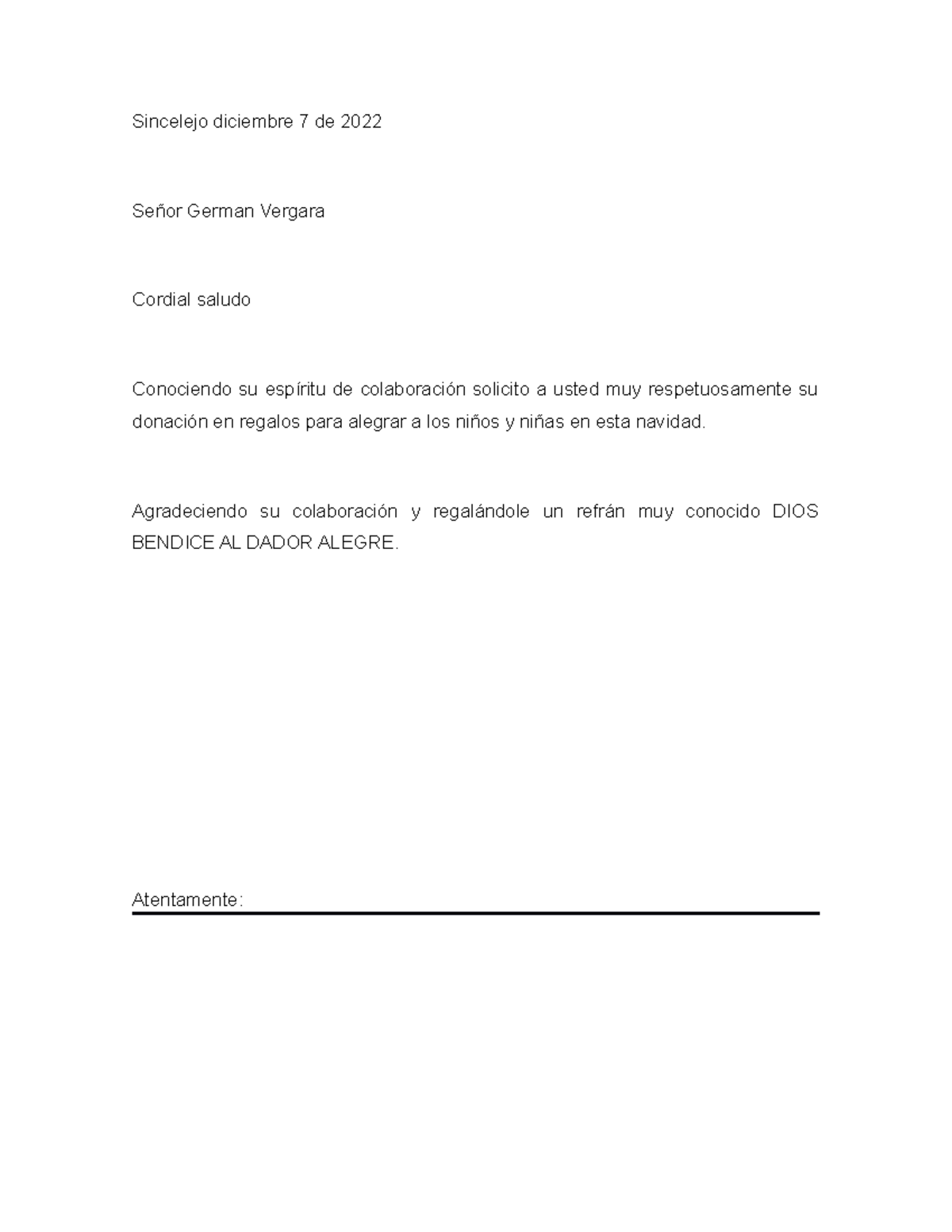 Cartas - carta - Sincelejo diciembre 7 de 2022 Señor German Vergara ...