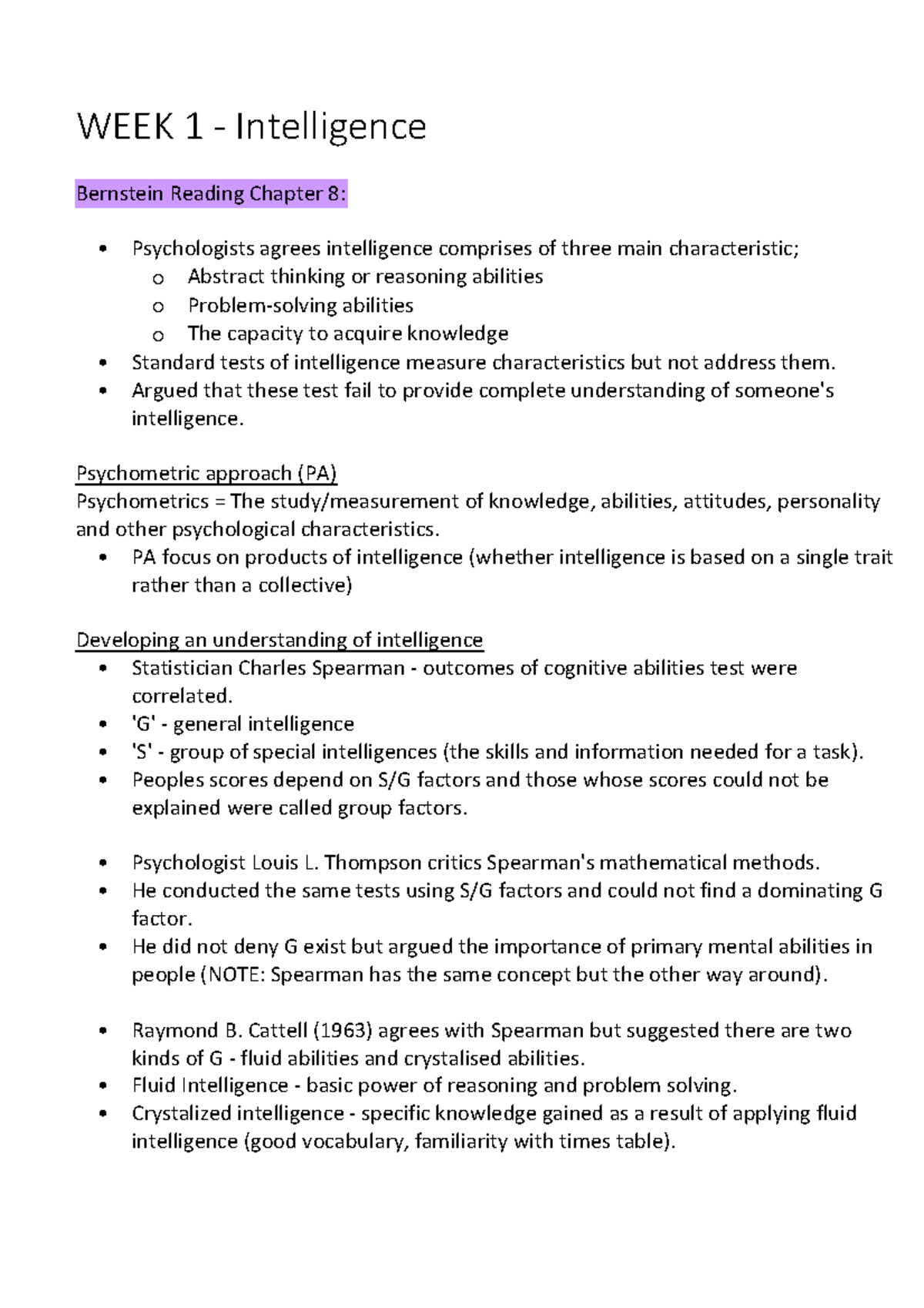 Intelligence and Psychometric Theory - Studocu