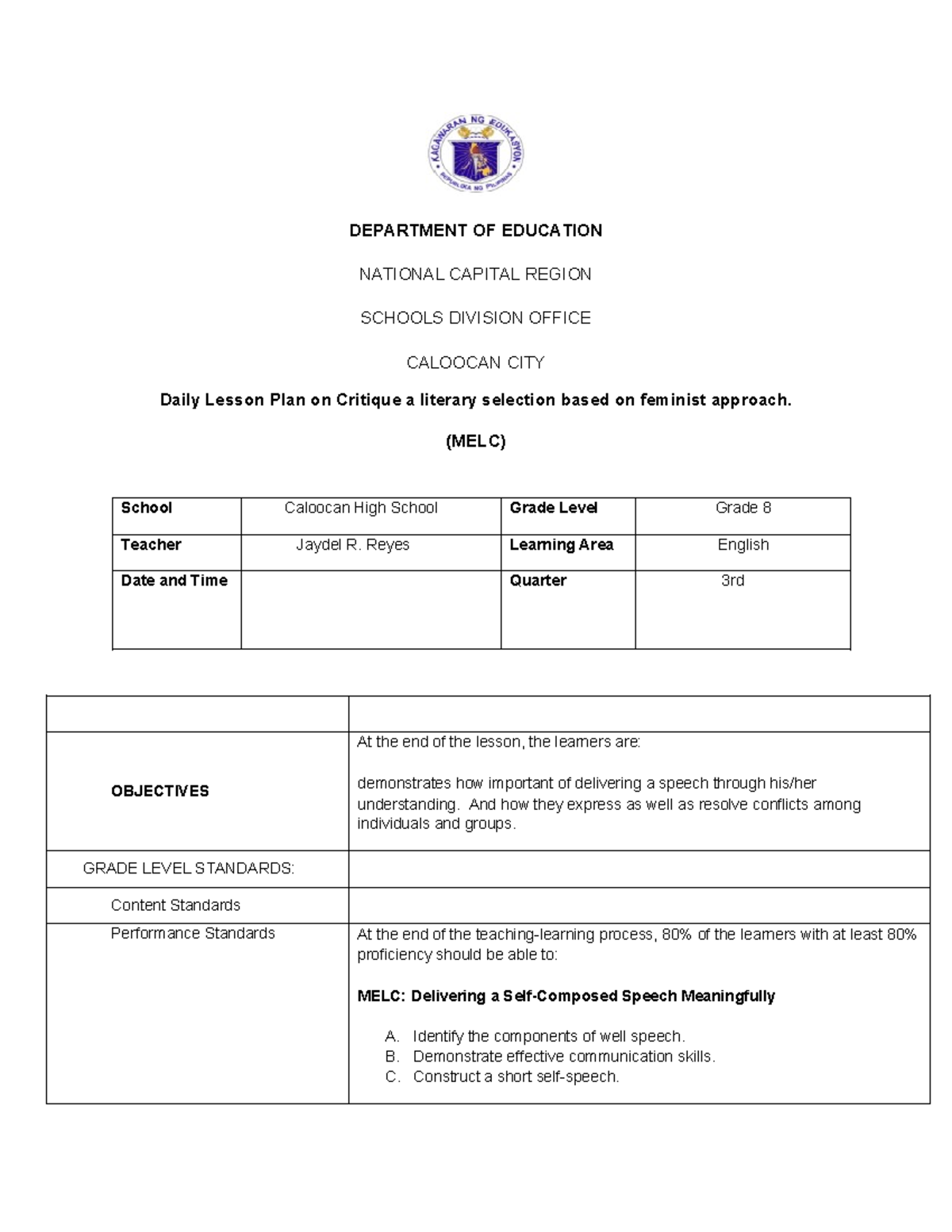 Jaydels- Lesson-PLAN - aasfaf - DEPARTMENT OF EDUCATION NATIONAL ...