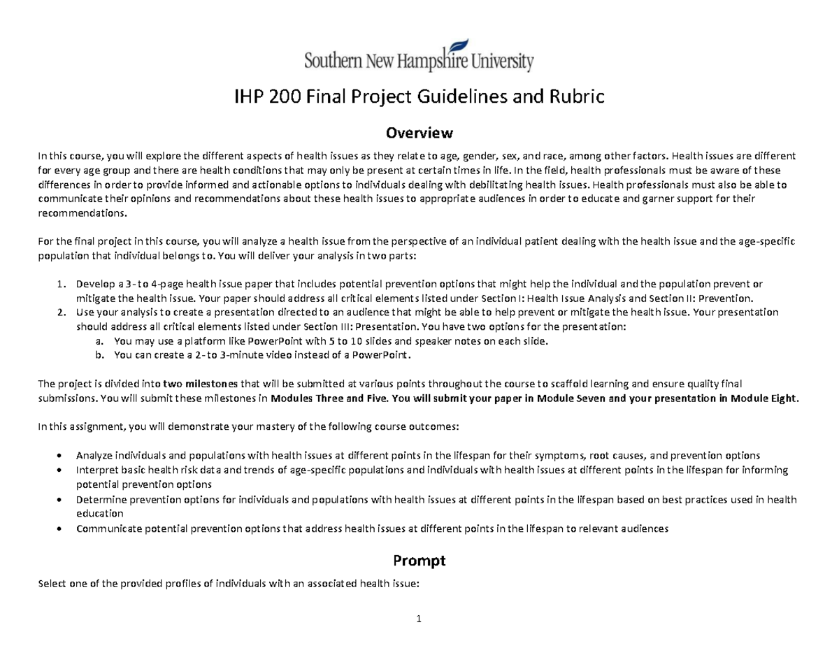 IHP 200 Final Project Guidelines and Rubric - Health issues are ...