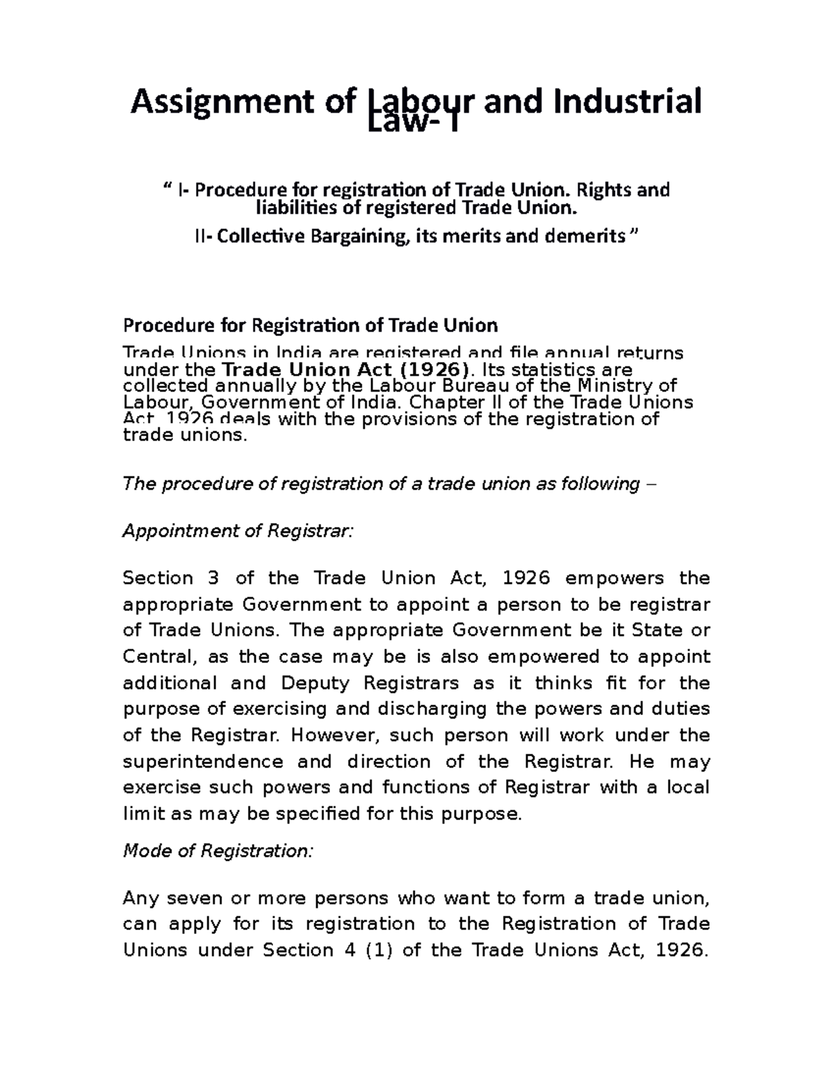 I- Procedure for registration of Trade Union. Rights and liabilities of ...