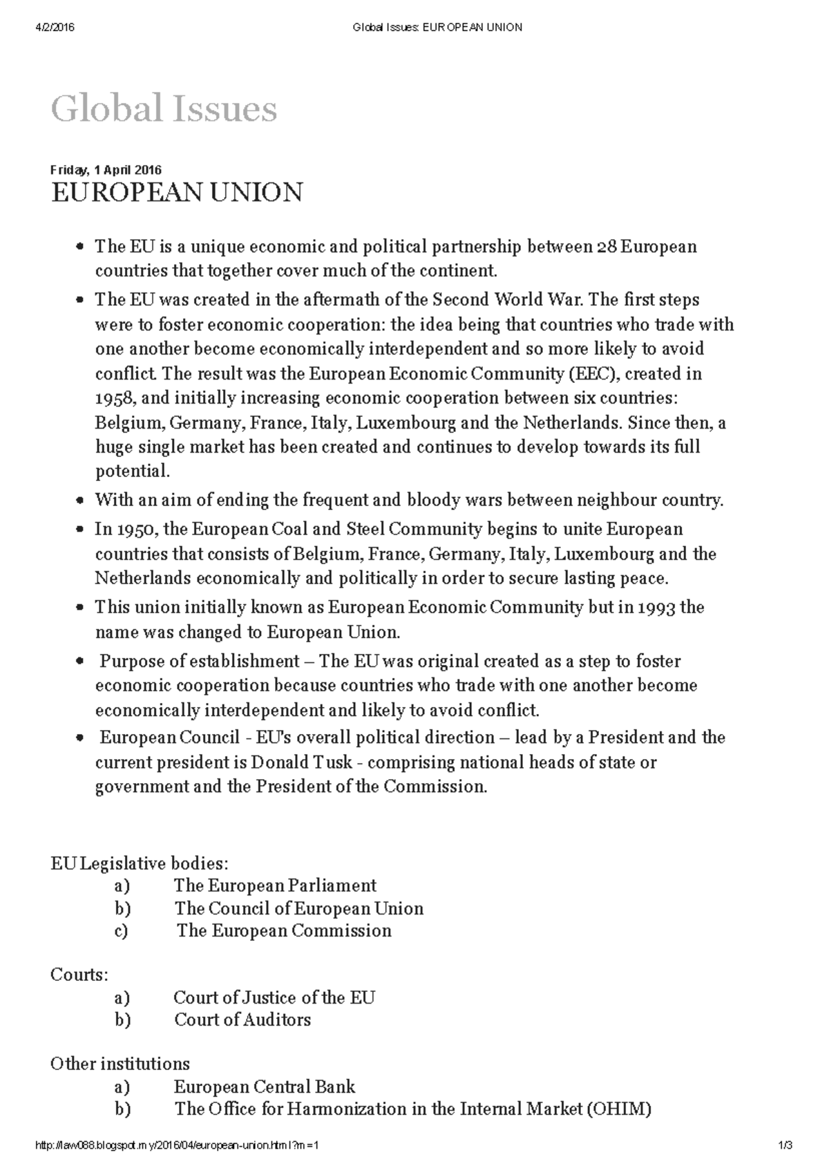 Global Issues European Union - 4/2/2016 Global Issues: EUROPEAN UNION ...