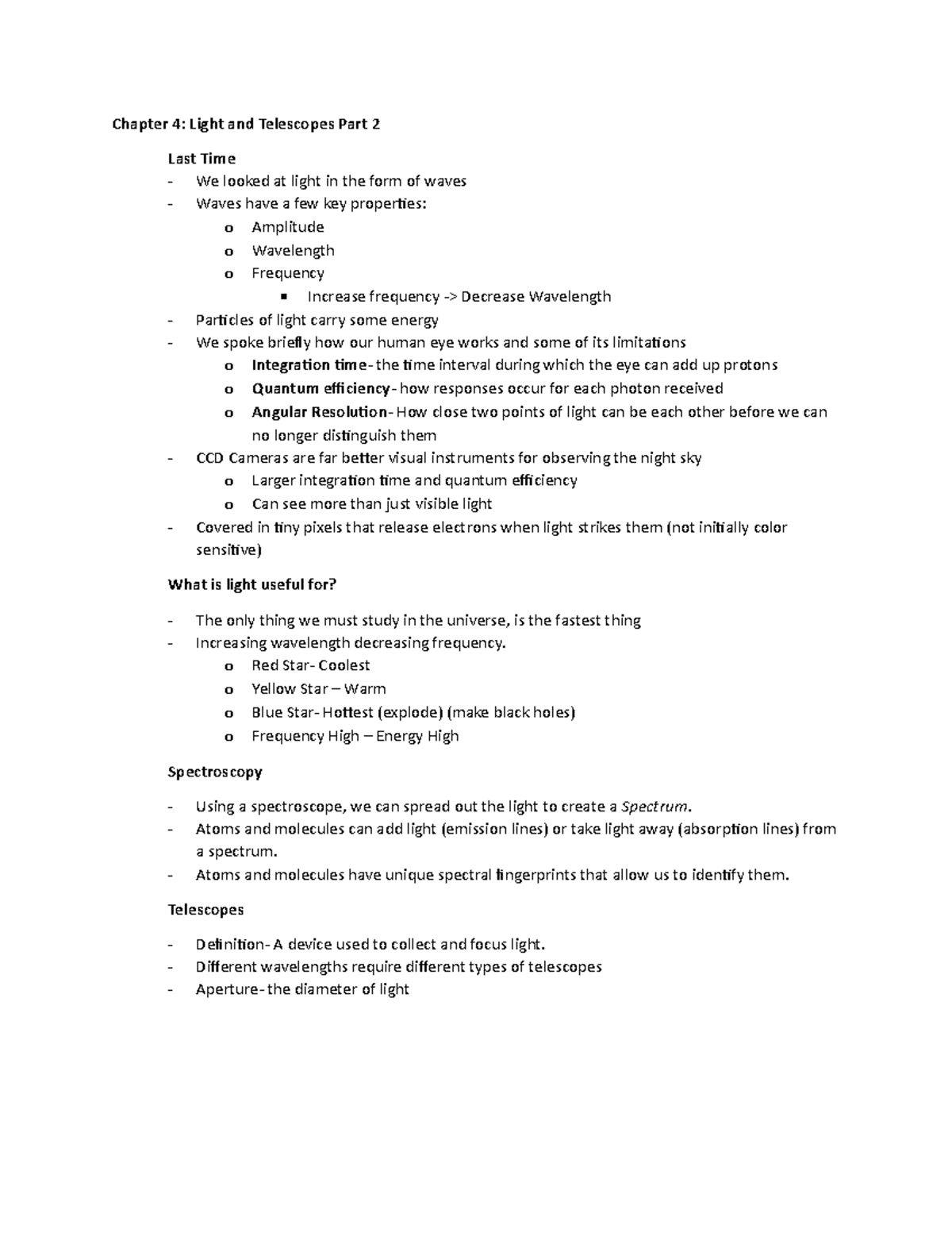 Chapter 4 Ast - Chapter 4: Light and Telescopes Part 2 Last Time We ...