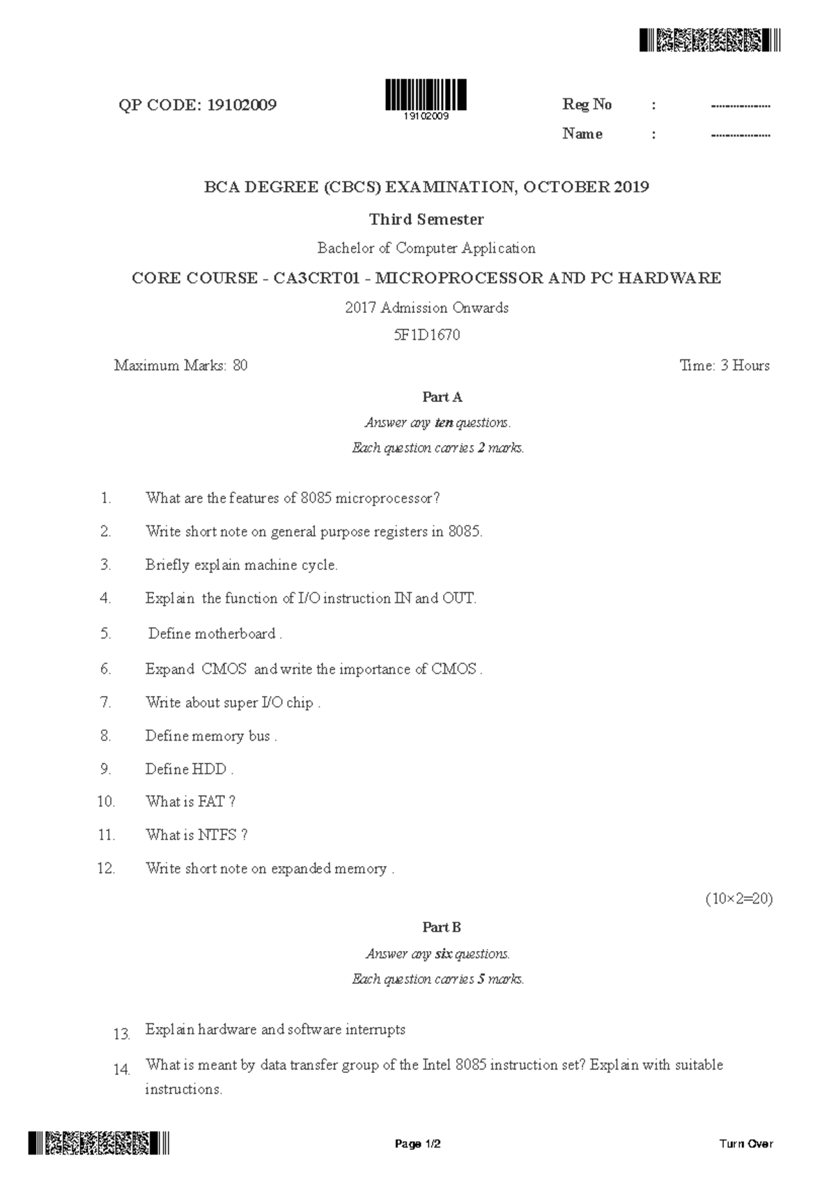 MP2019 - Microprocessor previous year question paper 2019 MG university ...