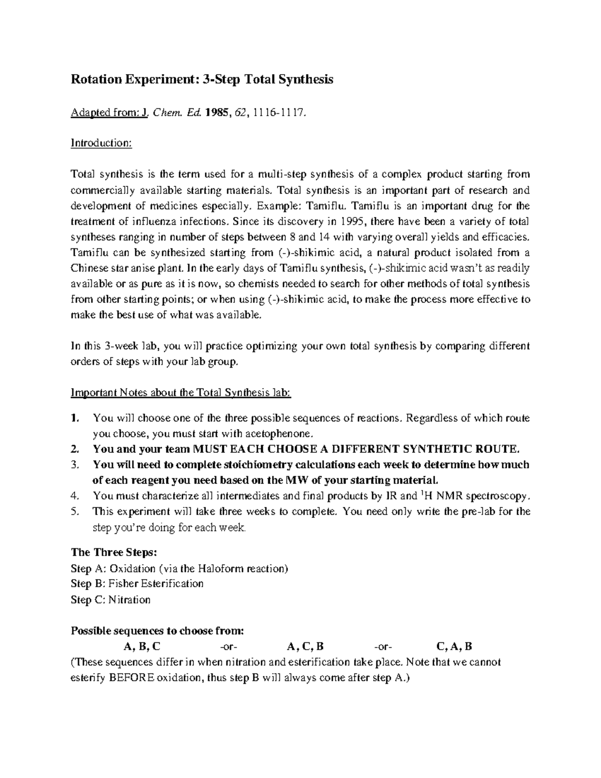 Rotation Experiment- Total Synthesis Laboratory - Rotation Experiment: 3-Step Total Synthesis ...