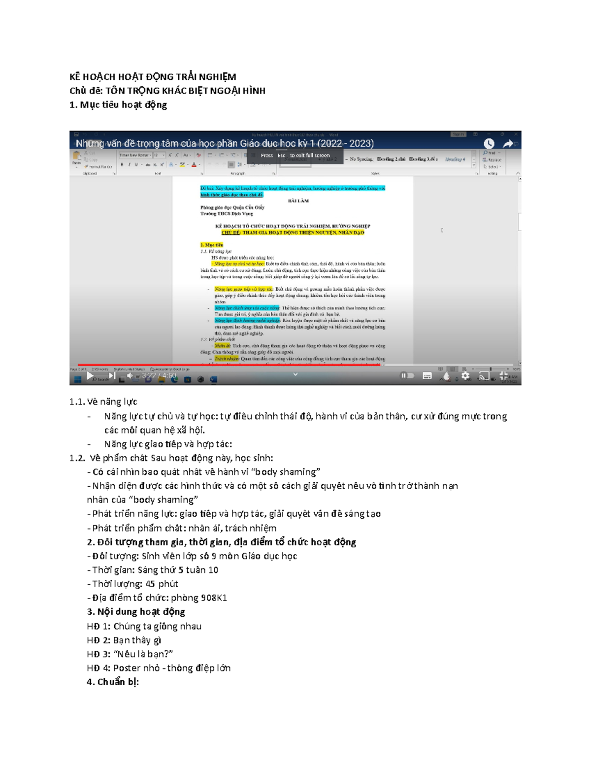 KẾ HOẠCH HOẠT ĐỘNG TRẢI NGHIỆM - KẾẾ HO ẠCH HO ẠT Đ ỘNG TR ẢI NGHI M Ệ Ch ủ đềề:TÔN TR ỌNG KHÁC ...