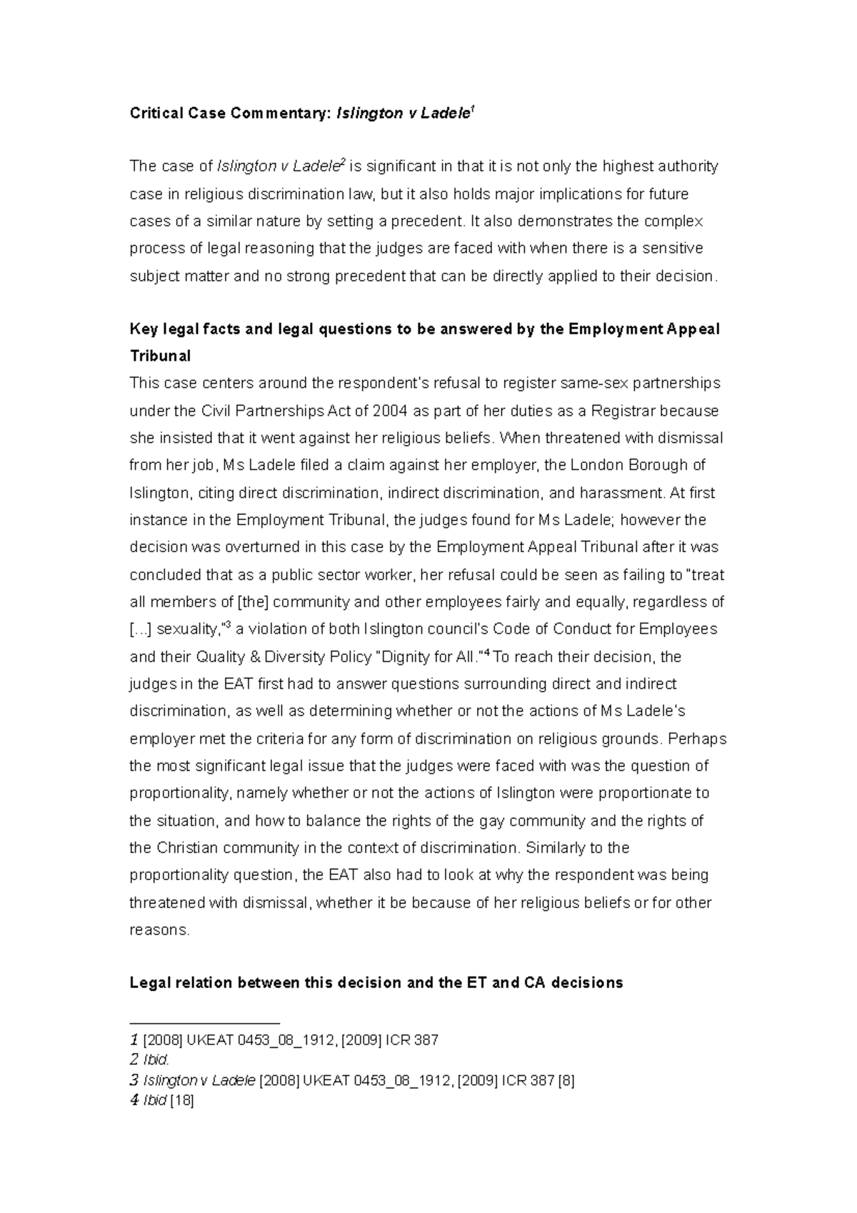 Case Commentary on Islington v Ladele - Critical Case Commentary ...