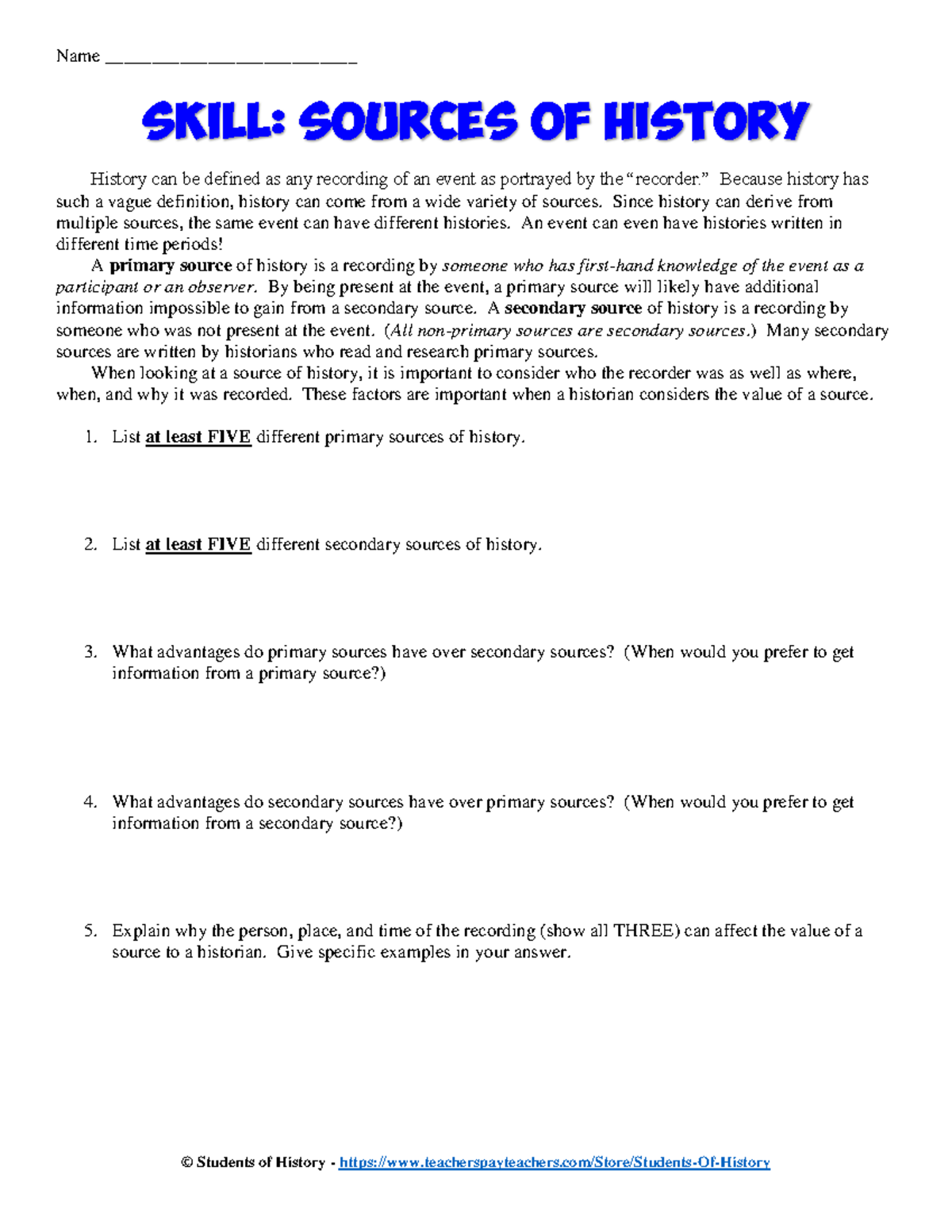 Historical Skills Worksheets - Name ___________________________ Skill ...