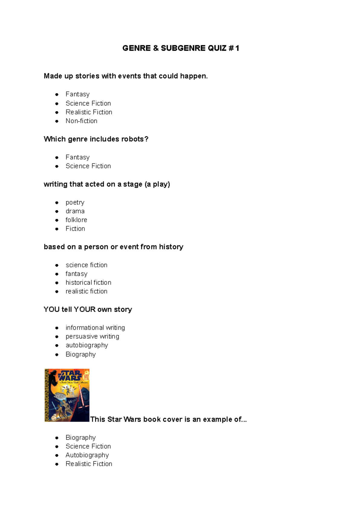 Genre Subgenre QUIZ # 1 (1) (2) - GENRE & SUBGENRE QUIZ # 1 Made up ...