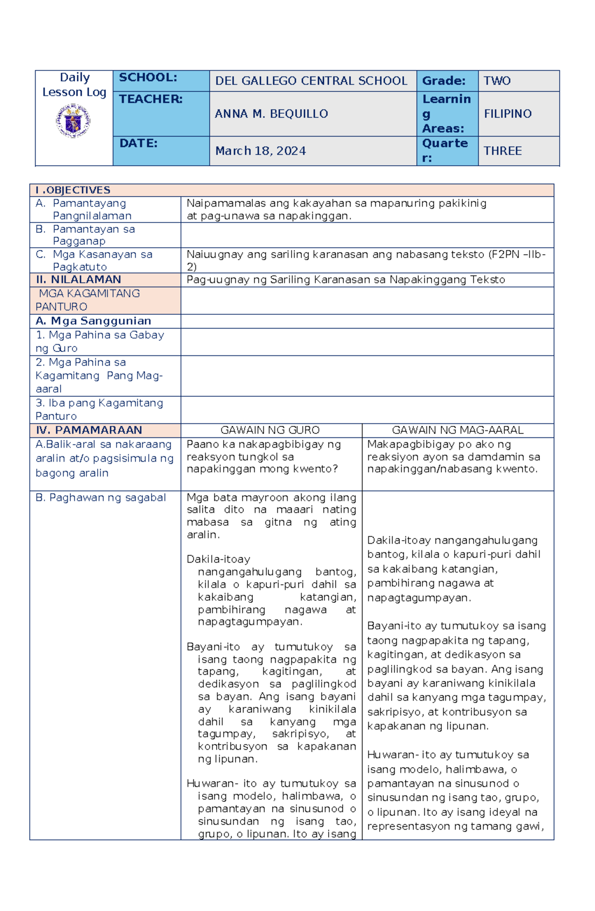 Filipino 3-19-2024 - Lesson Plan - Daily Lesson Log SCHOOL: DEL GALLEGO CENTRAL SCHOOL Grade ...