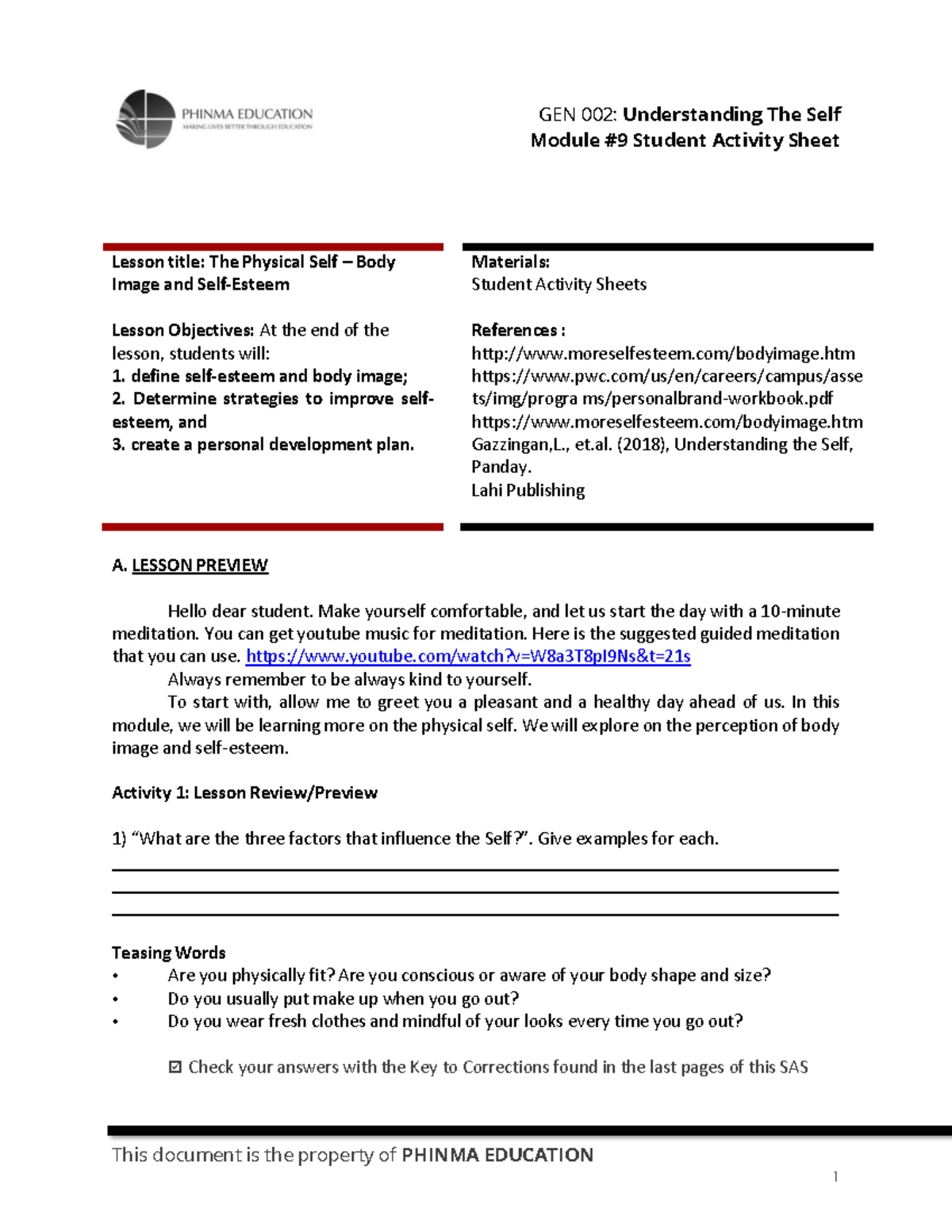 SAS#9-GEN 002 - Understanding Self - Module # 9 Student Activity Sheet ...