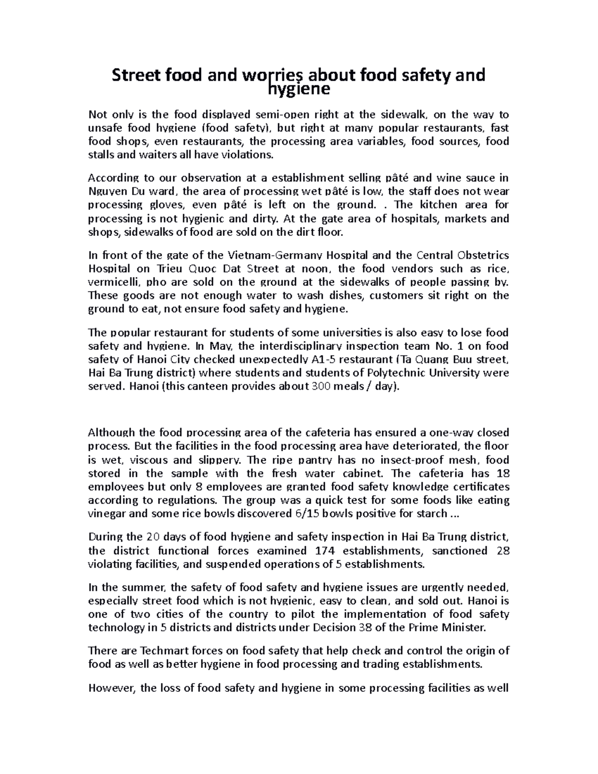 Street food and worries about food safety and hygiene - According to ...
