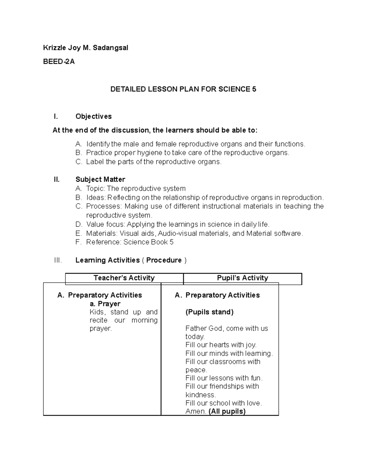 Science lesson plan grade 5 - Krizzle Joy M. Sadangsal BEED-2A DETAILED ...