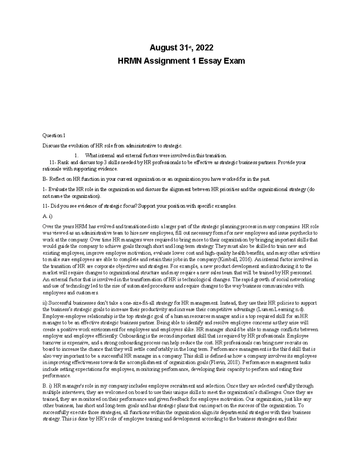HRMN Assignment 1 - August 31st, 2022 HRMN Assignment 1 Essay Exam Question 1 Discuss the ...