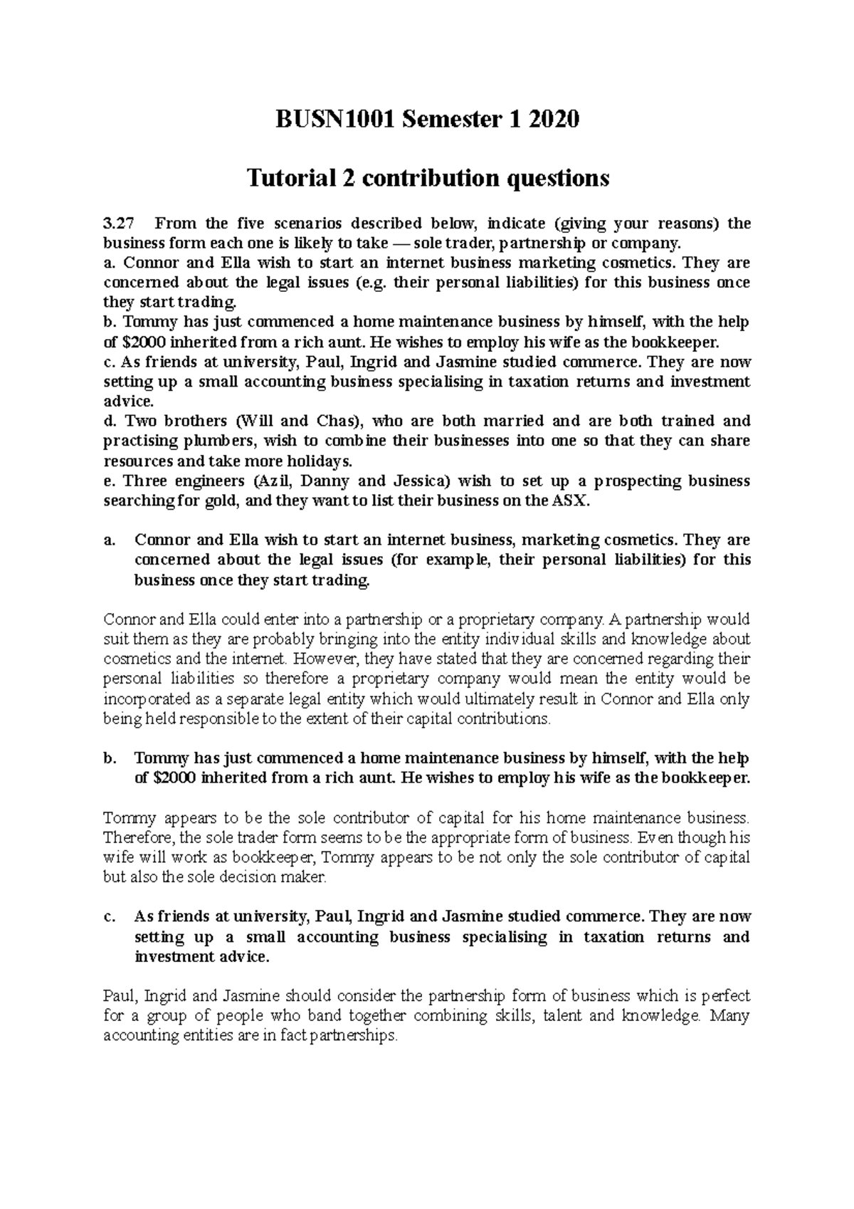 BUSN1001 S1 2020 Tutorial 2 contribution questions with answers ...