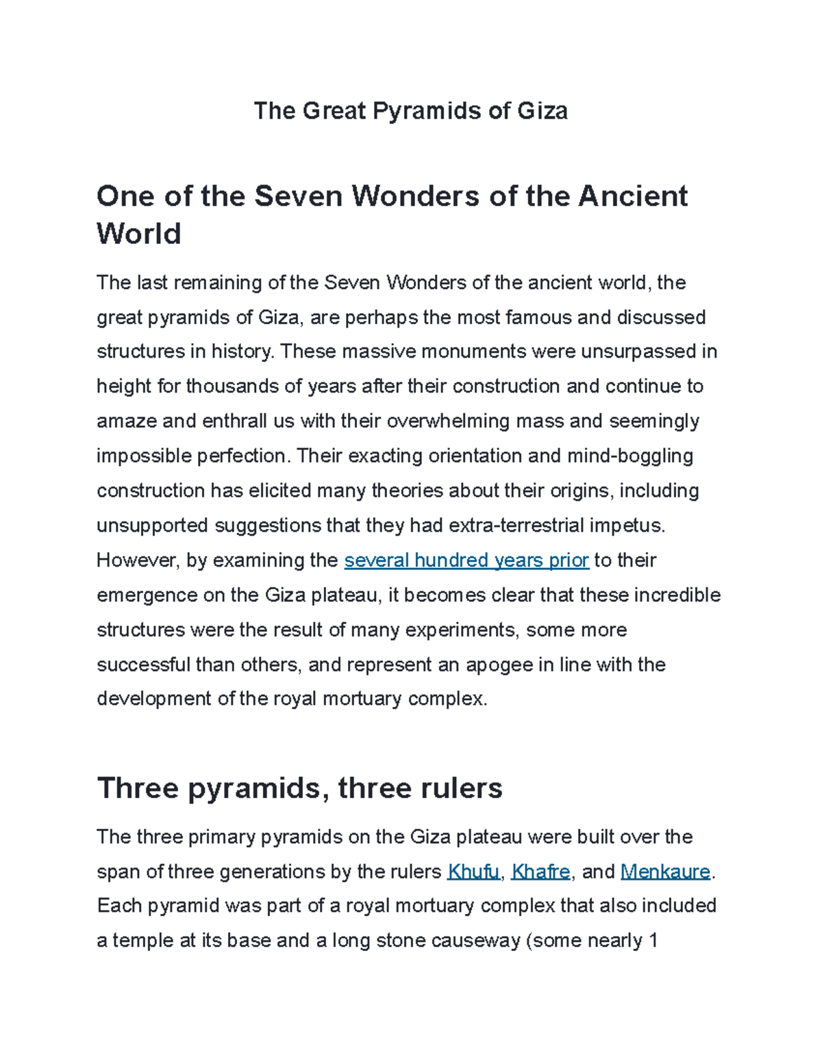 The Great Pyramids of Giza - These massive monuments were unsurpassed ...