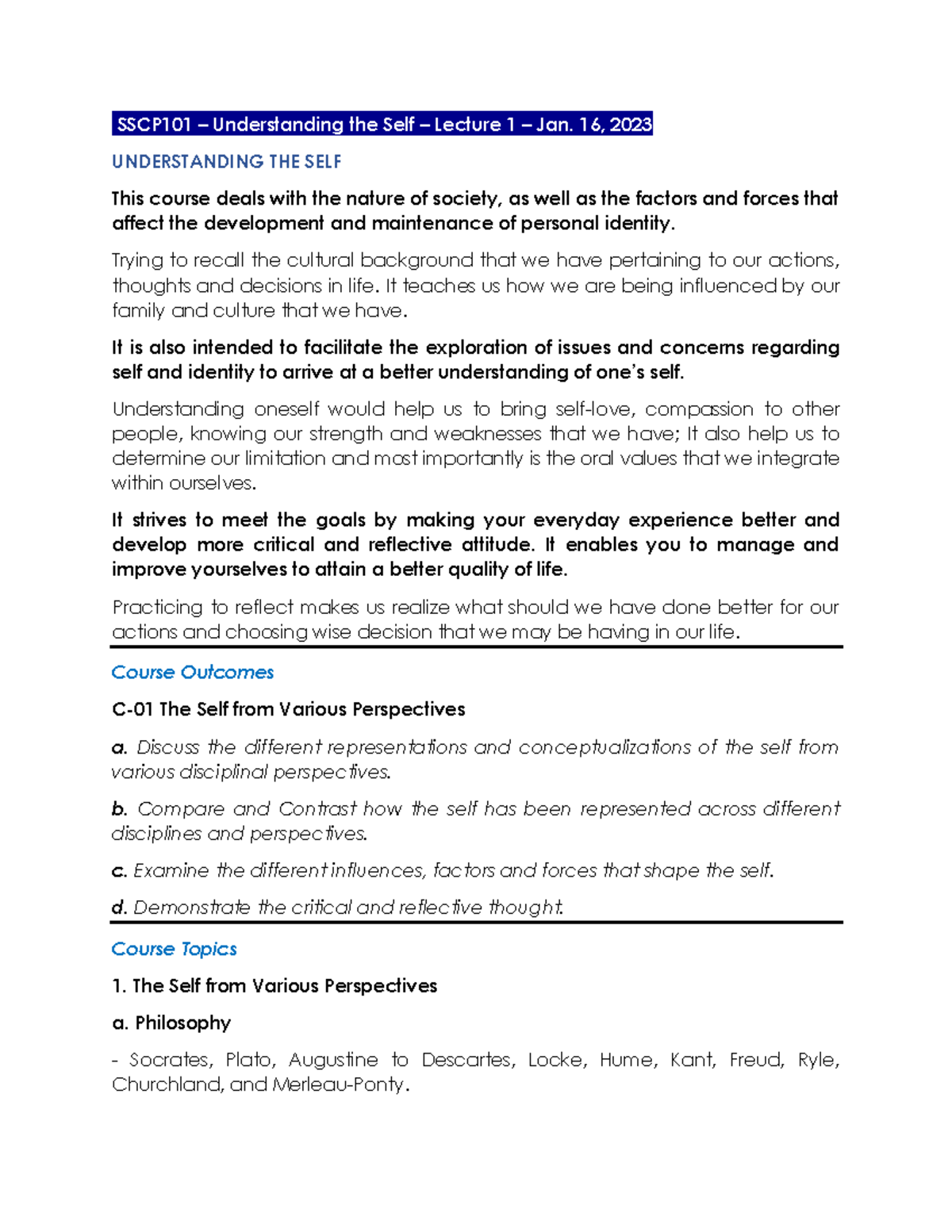 SSCP101- Understanding the Self - Lecture 1 - SSCP101 – Understanding ...