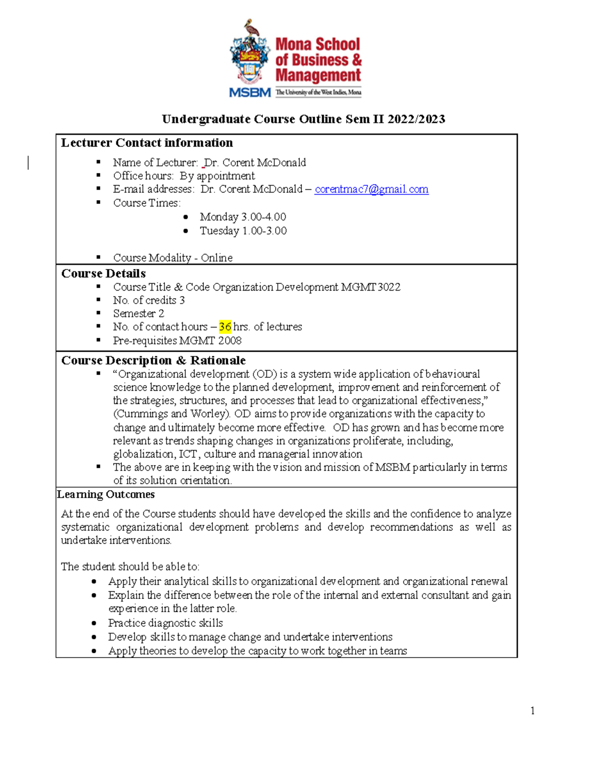 Updated Course Outline - Lecturer Contact information Name of Lecturer ...