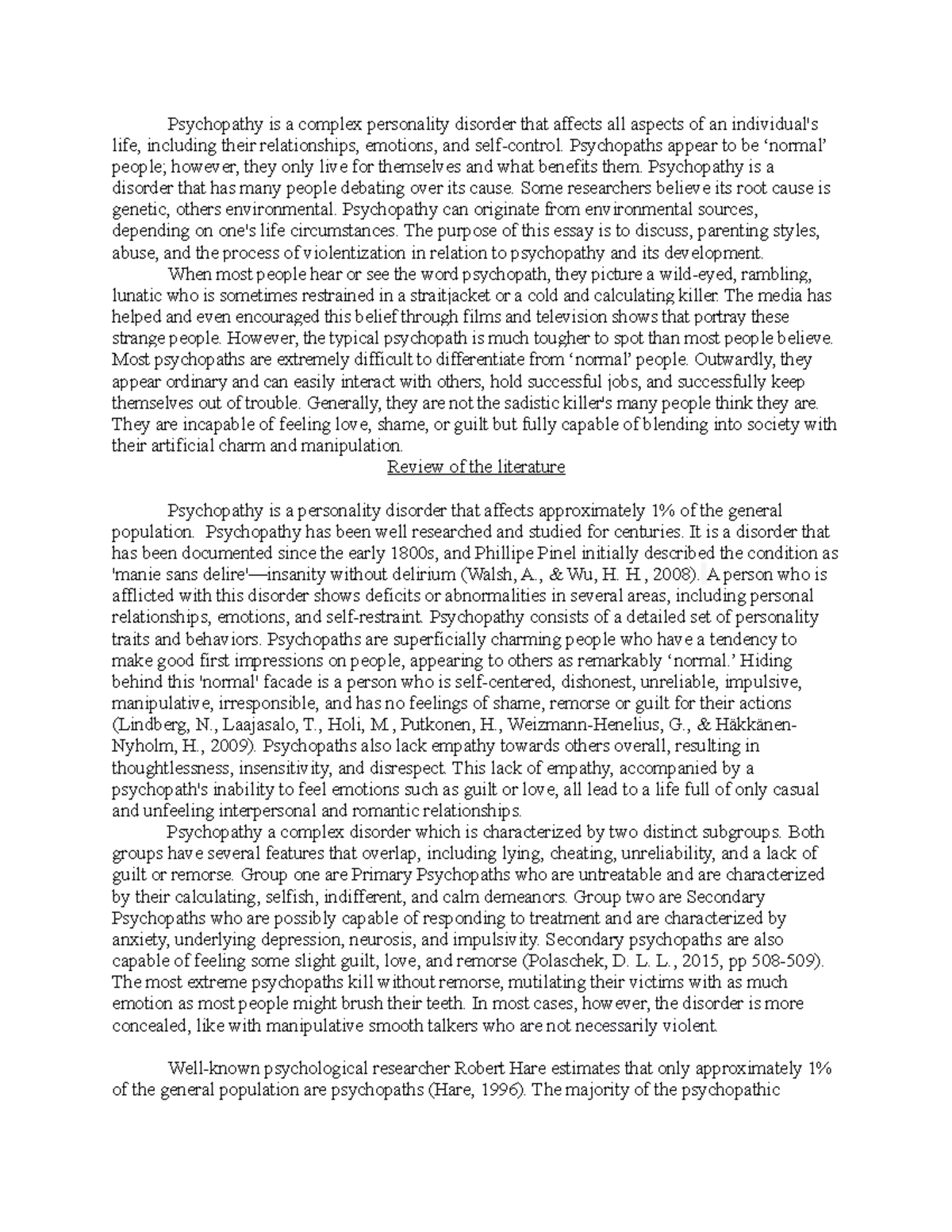 Psyc 395 assignment - Psychopathy is a complex personality disorder ...