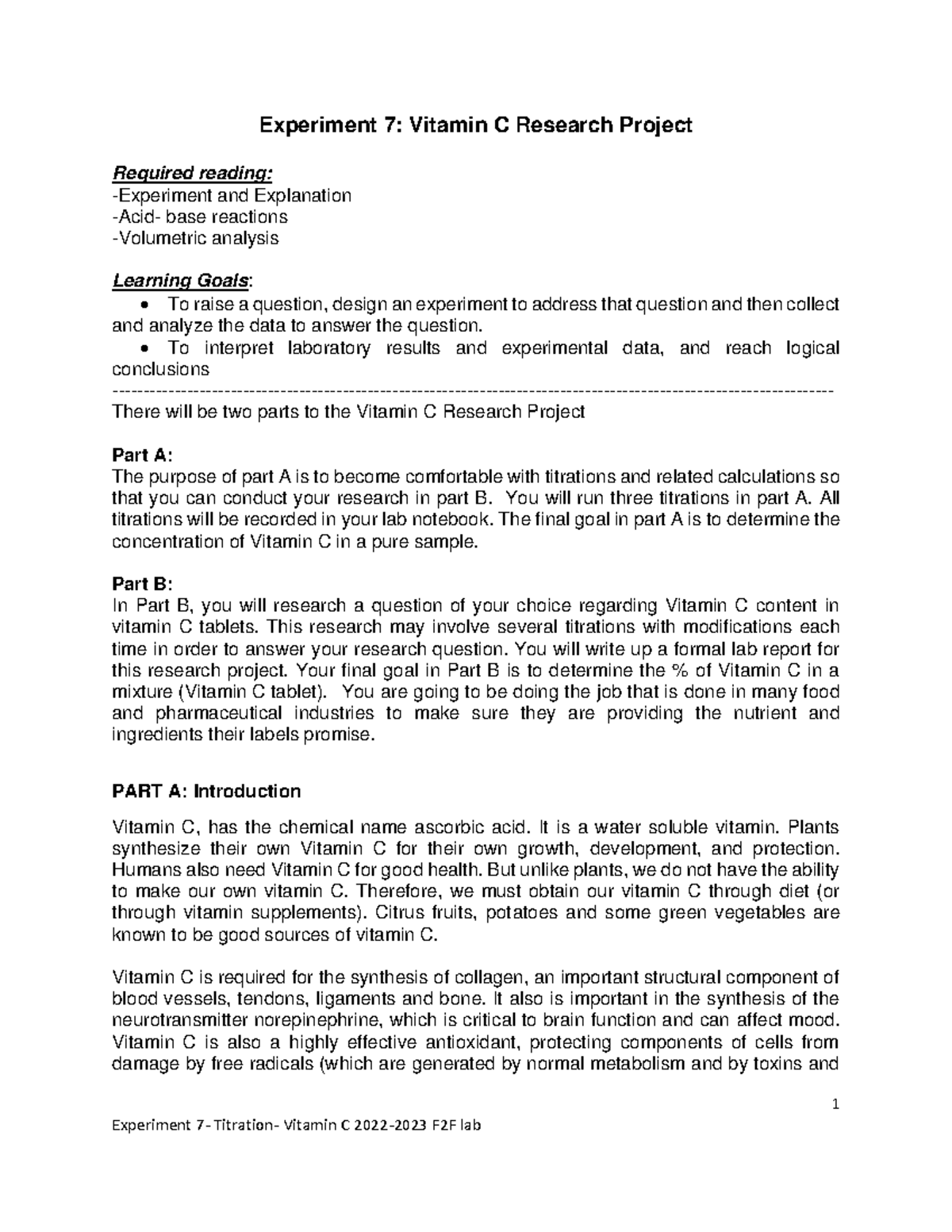 Experiment 7- Titration - 1 Experiment 7: Vitamin C Research Project ...