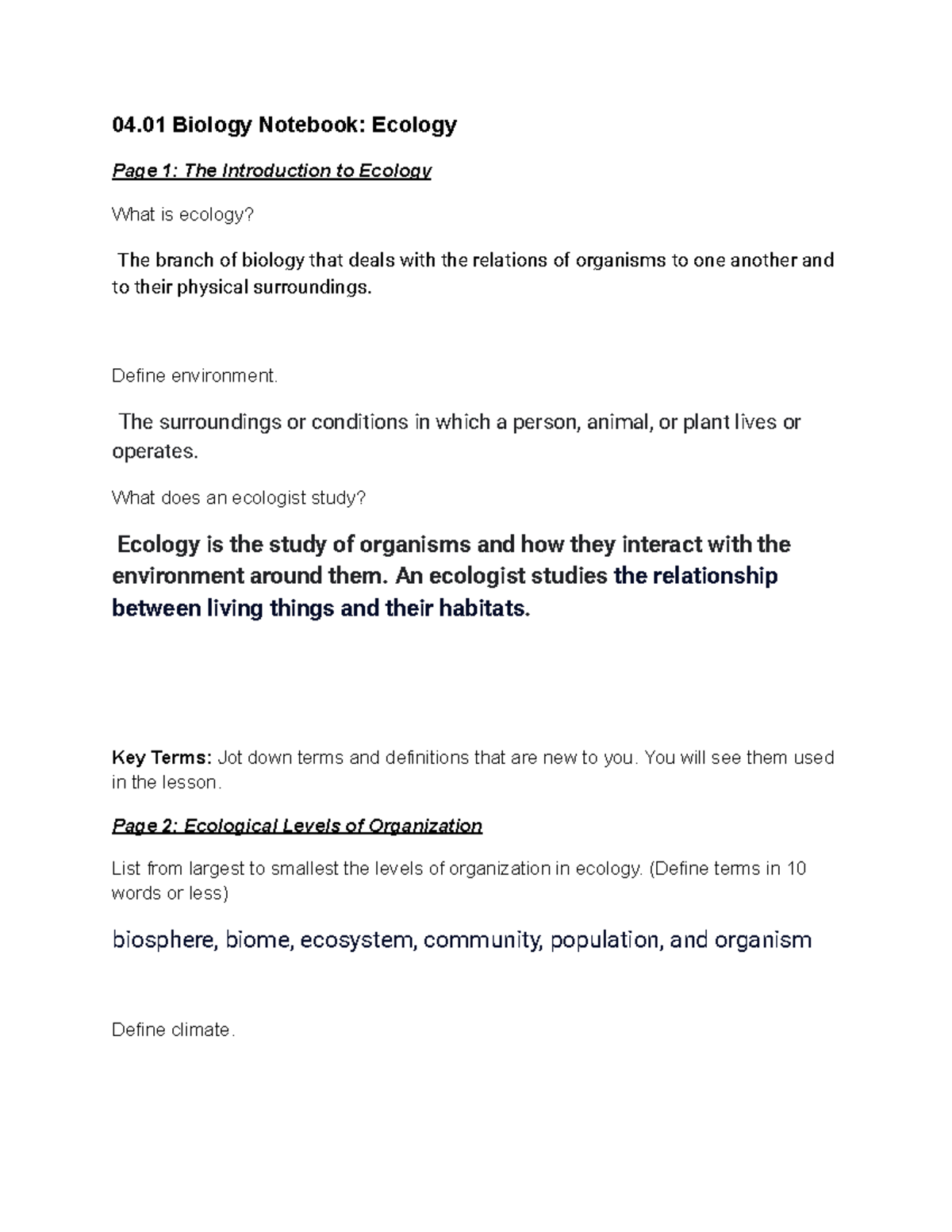 4.01 Biology Notes - 04 Biology Notebook: Ecology Page 1: The ...