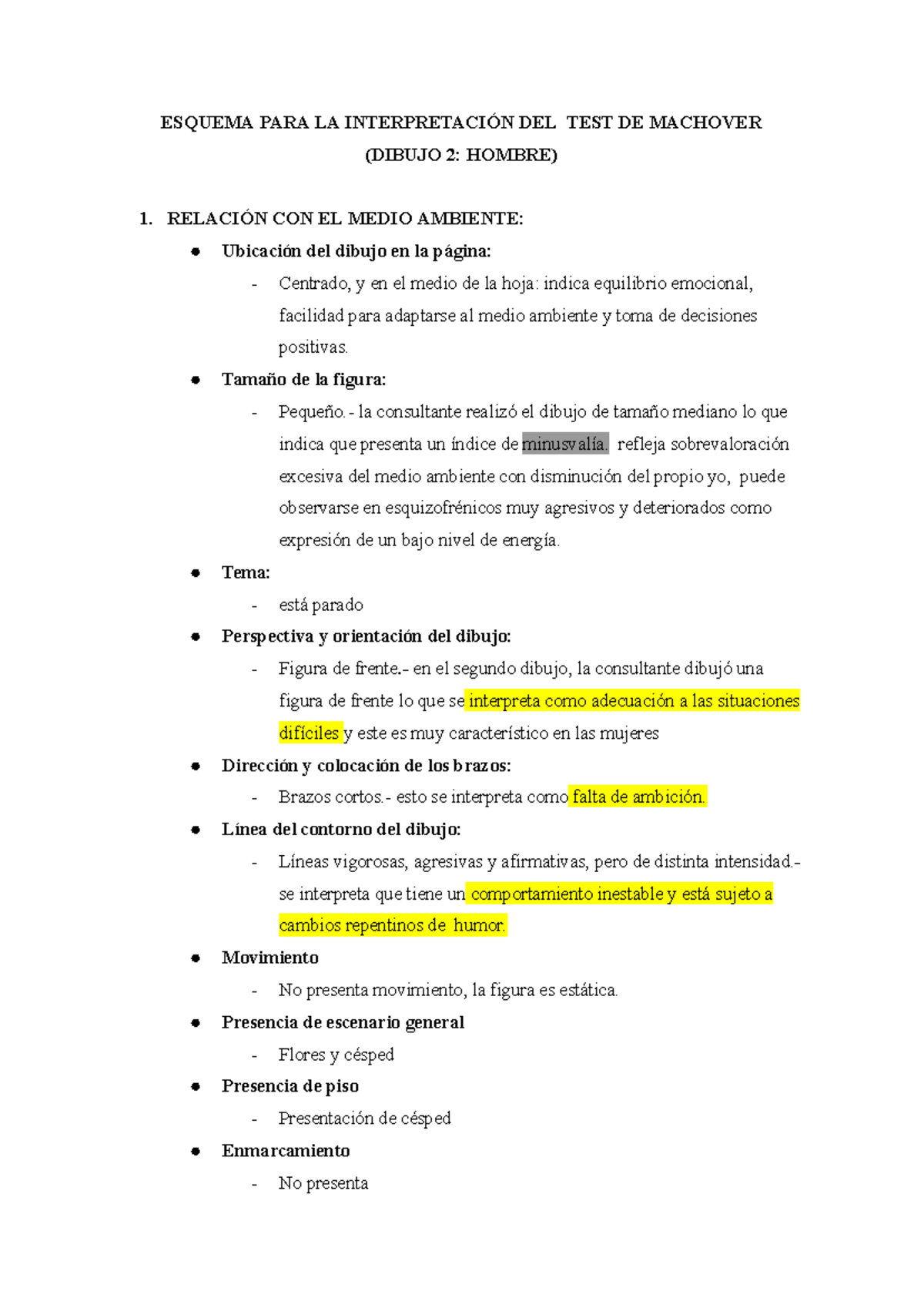 Interpretacion - ESQUEMA PARA LA INTERPRETACIÓN DEL TEST DE MACHOVER ...