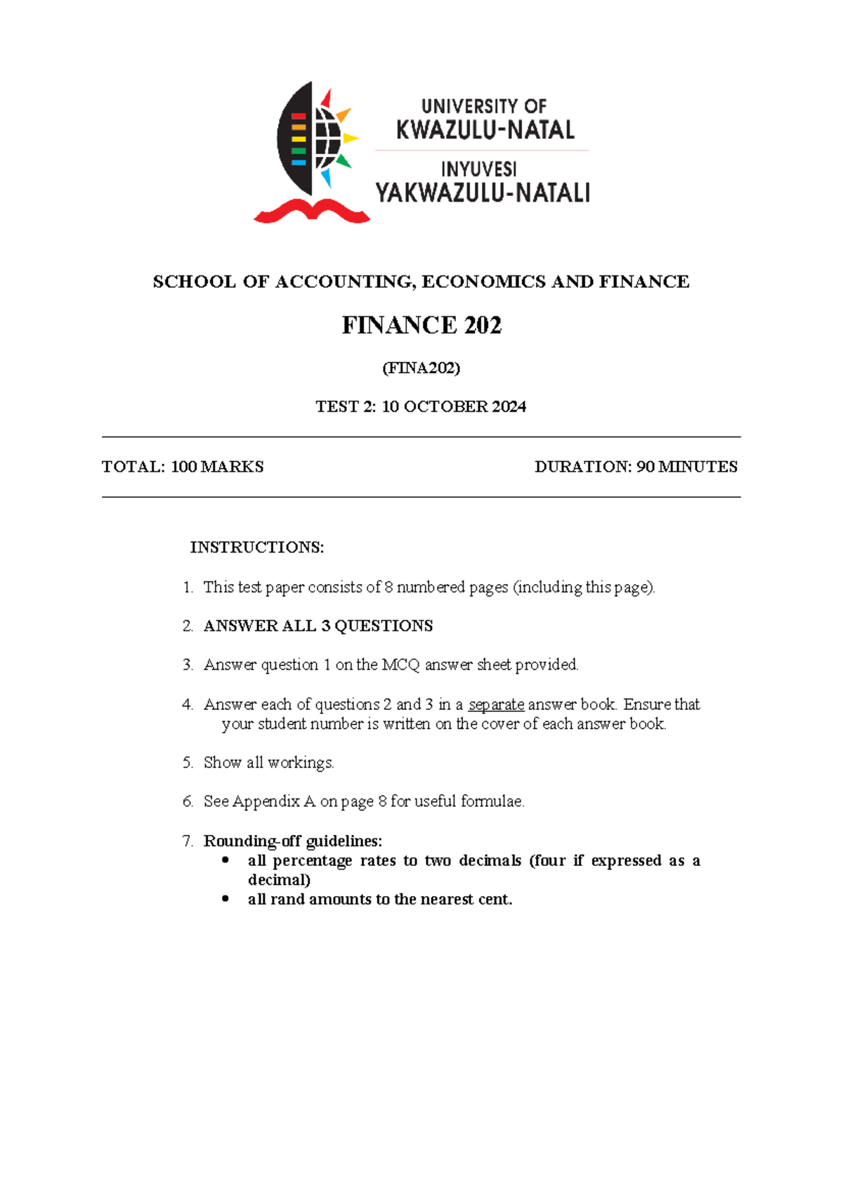 2024 FINA202 test 2 questions and suggested solutions - SCHOOL OF ...