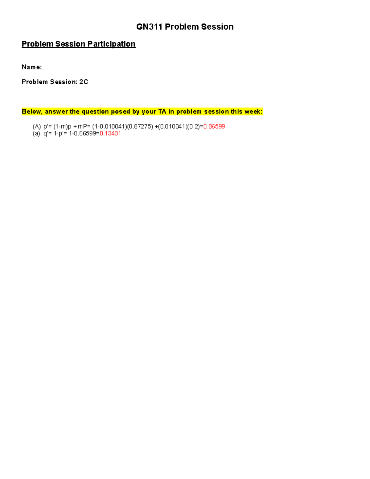 Hardy Weinberg Problem session worksheet - Problem Session ...