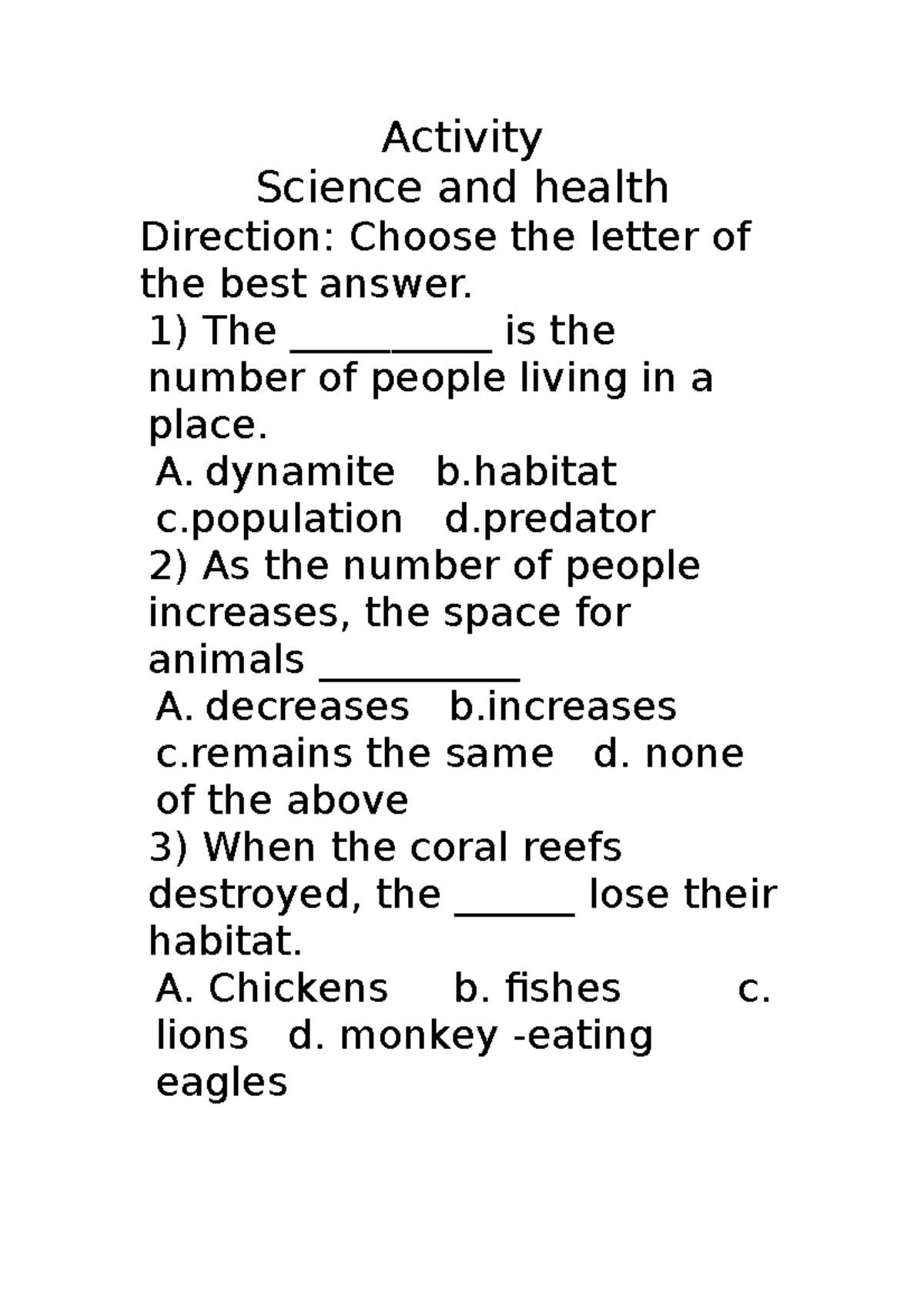 Activity Science 3(G) - Activity Science and health Direction: Choose ...