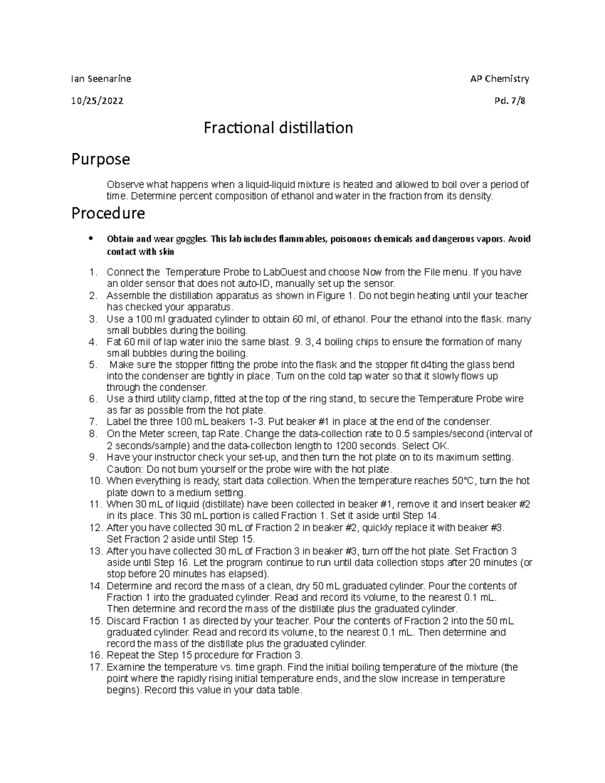 Frac Distillation Lab 1 - Ian Seenarine AP Chemistry 10/25/2022 Pd. 7 ...